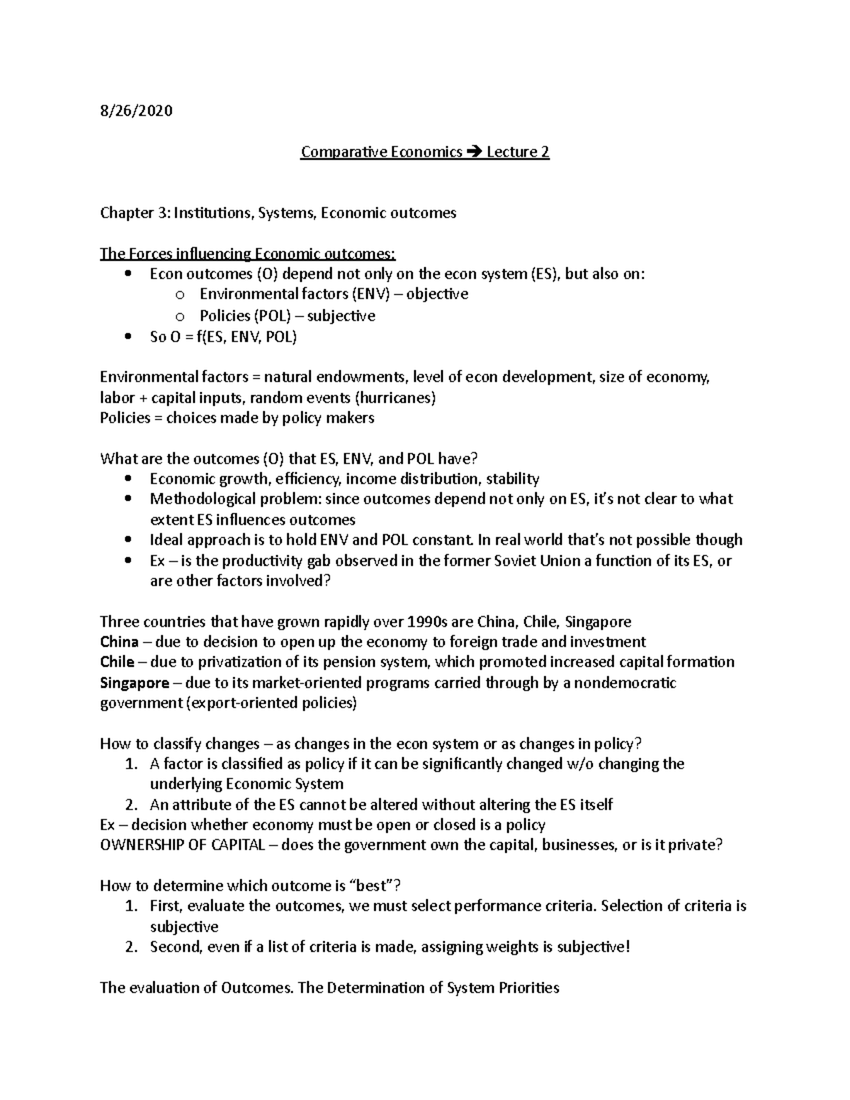 Notes Lecture 2 (8-26) - 8/26/ Comparative Economics Lecture 2 Chapter ...