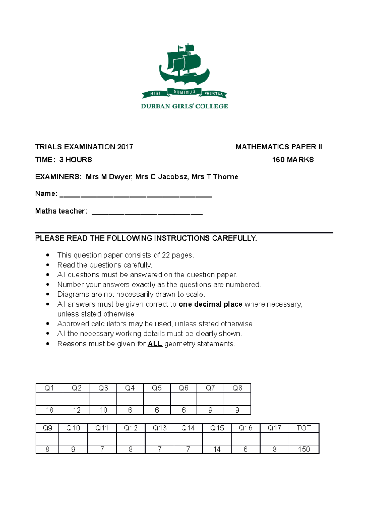 DGC Trials Paper II 2017 - TRIALS EXAMINATION 2017 MATHEMATICS PAPER II ...