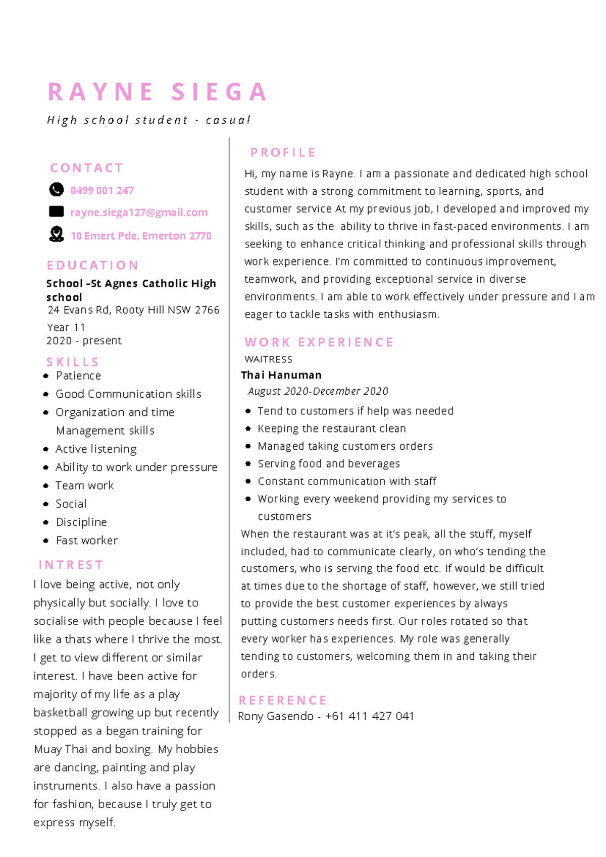 Rayne Siega- 2024 JD Resume - H i g h s c h o o l s t u d e n t - c a s u a l R A Y N E S I E G ...