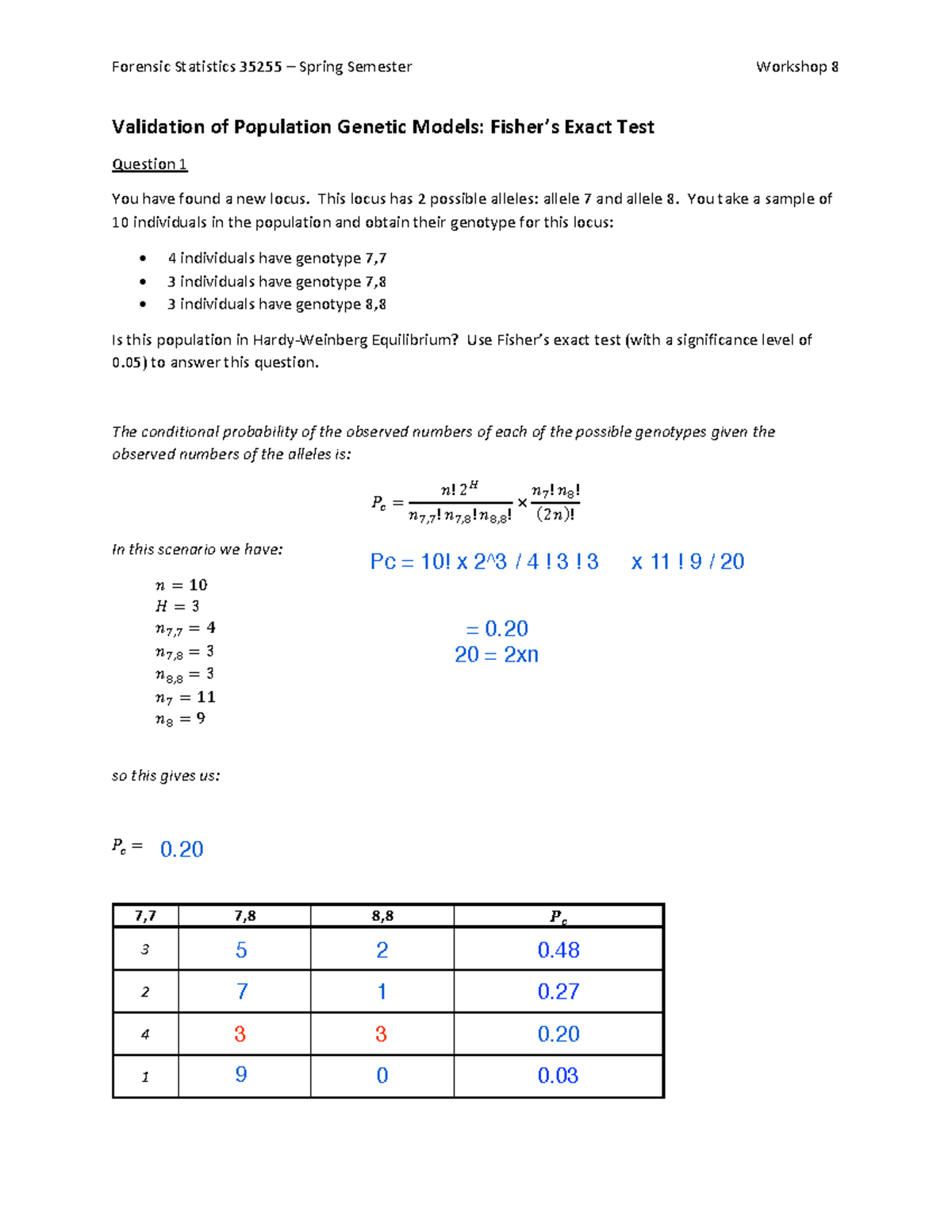 Workshop 8 answers forensic stats - Forensic Statistics 35255 – Spring ...