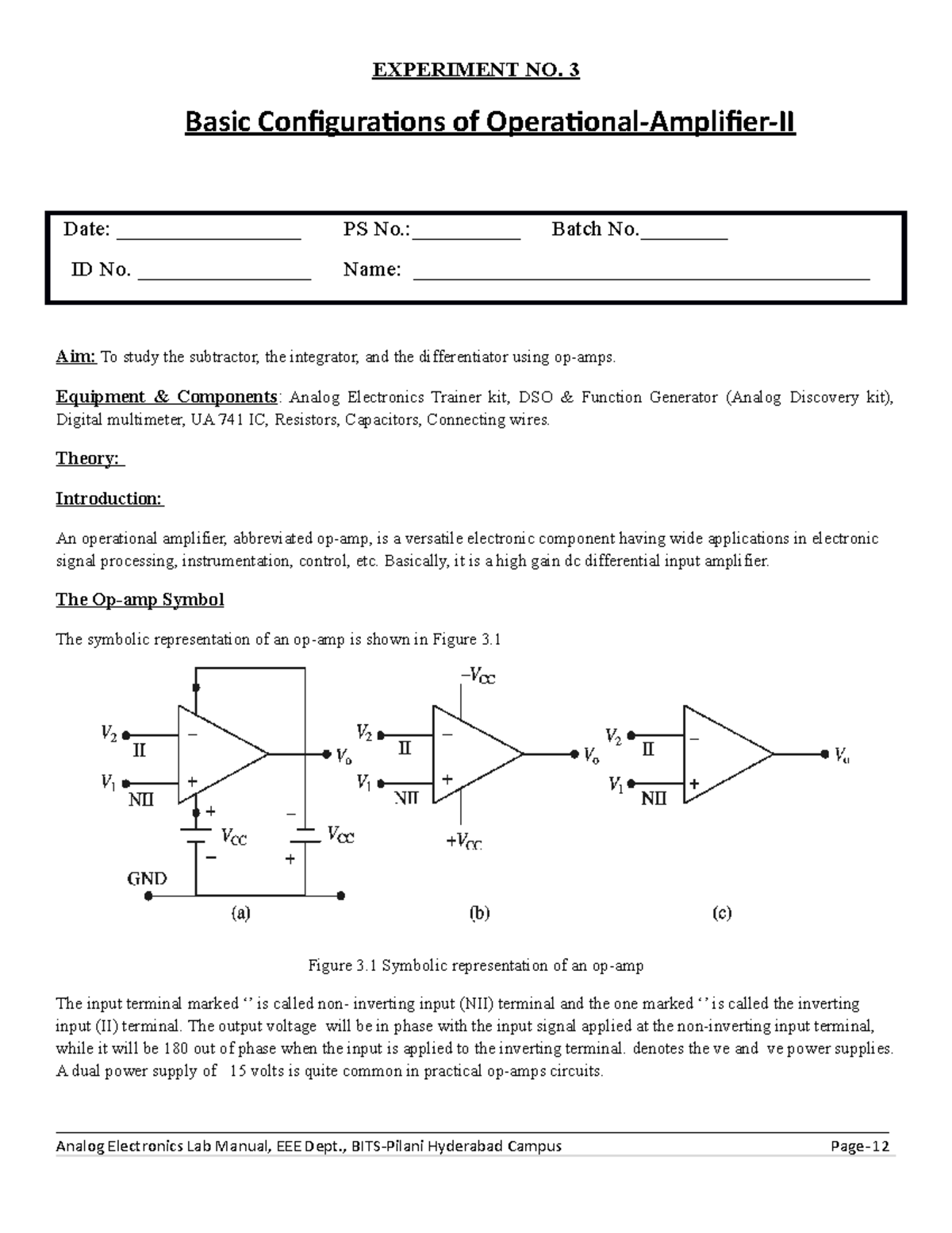 Expt3 Basic Config Opamp-II - EXPERIMENT NO. 3 Basic Configurations of Operational-Amplifier-II ...