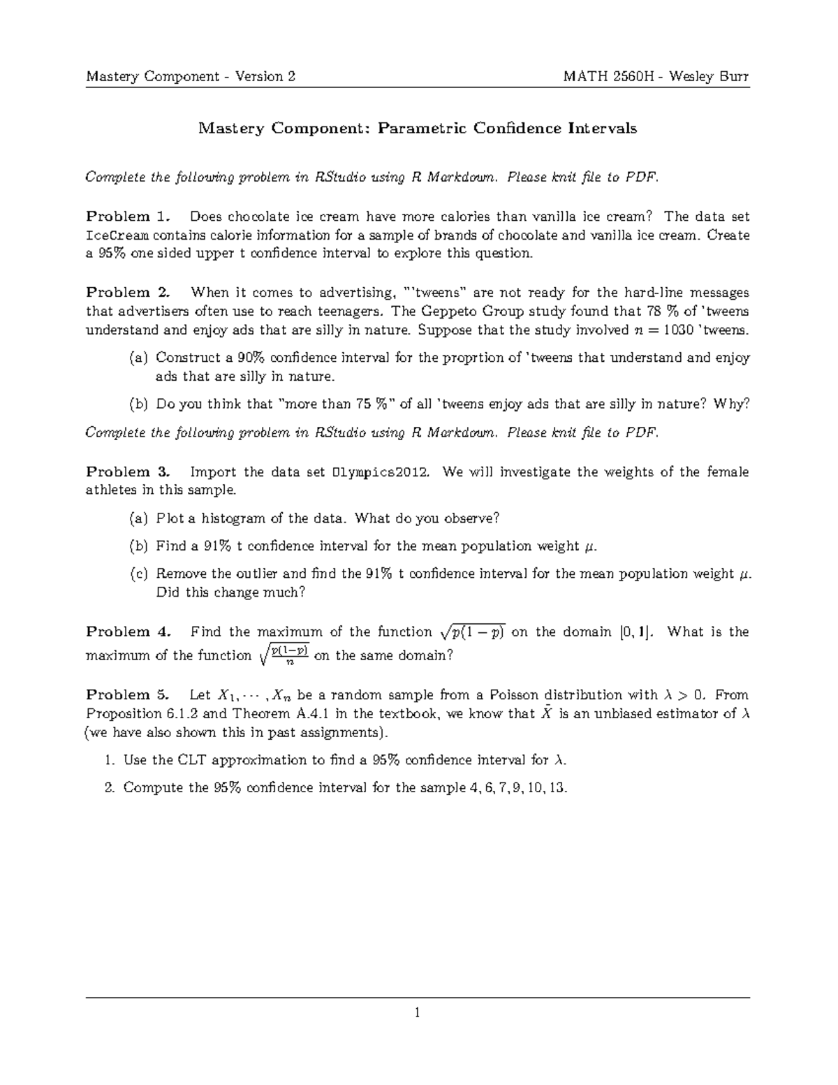 Parametric CI V2 - Assignment for the course - Mastery Component - Version 2 MATH 2560H - Wesley ...