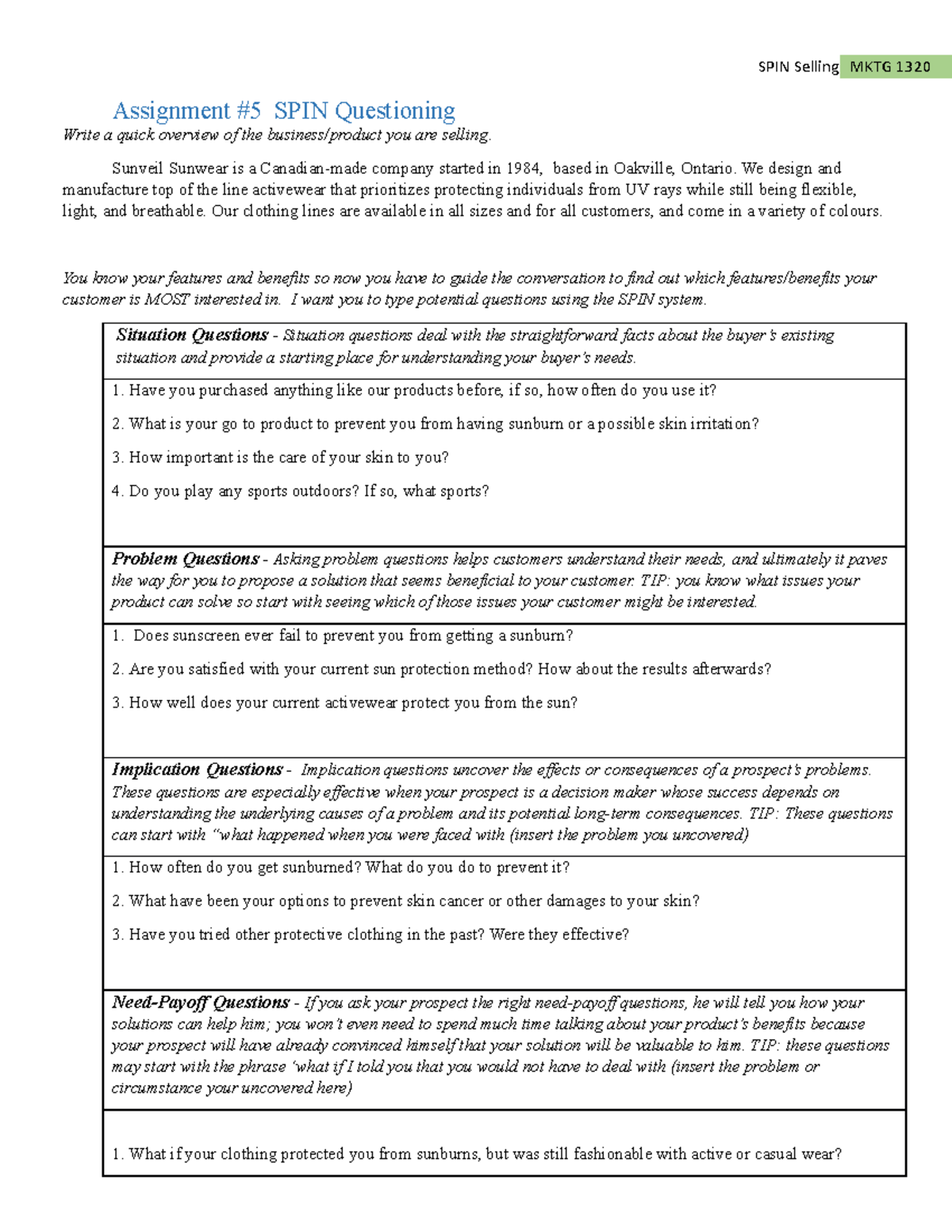 Assignment #5 SPIN Questioning Exercise - Assignment #5 SPIN ...