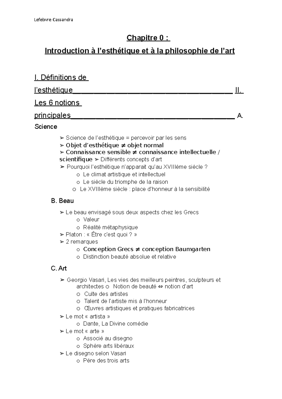 Chapitre 0 - esthétique et philo de l'art - Lefebvre Cassandra Chapitre 0 : Introduction à - Studocu