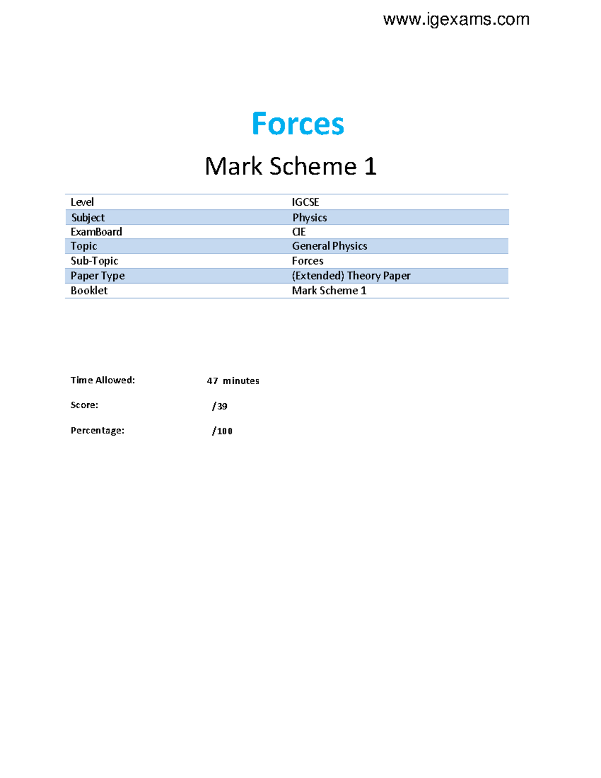 15 - Ion formation - Forces Mark Scheme 1 Level IGCSE ExamBoard CIE ...
