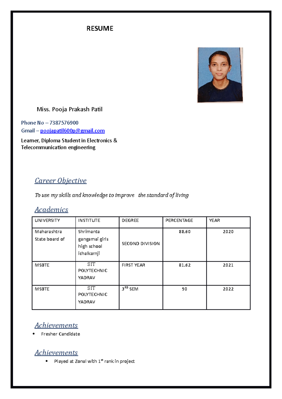 Pooja resume 1234 - Ms.P.P.patil - RESUME Miss. Pooja Prakash Patil ...
