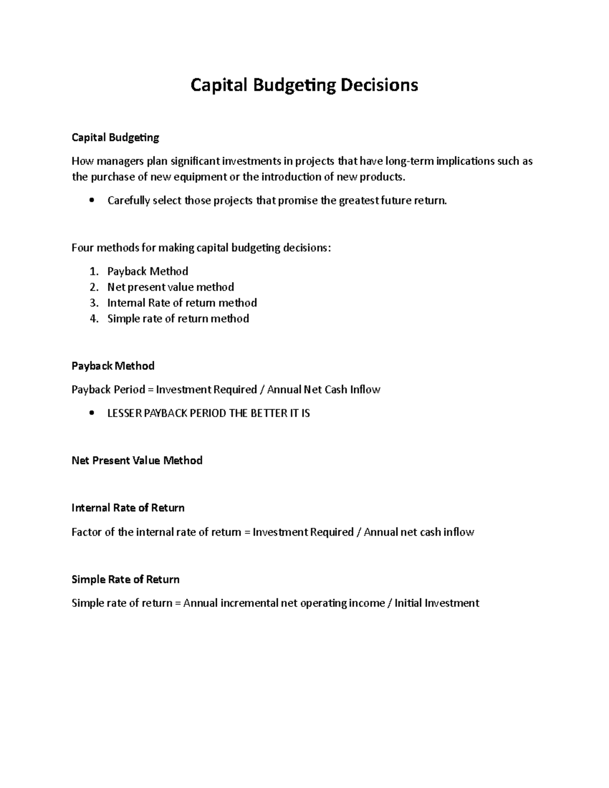 Chapter 7 - Notes - Capital Budgeting Decisions Capital Budgeting How ...