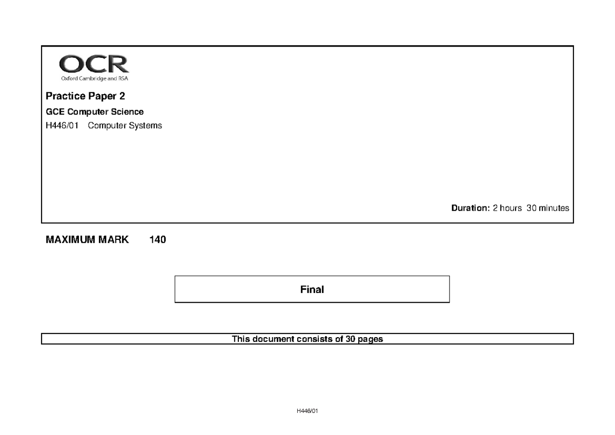 H446 01 mark scheme set 2 - H446/ Practice Paper 2 GCE Computer Science H446/01 Computer Systems ...
