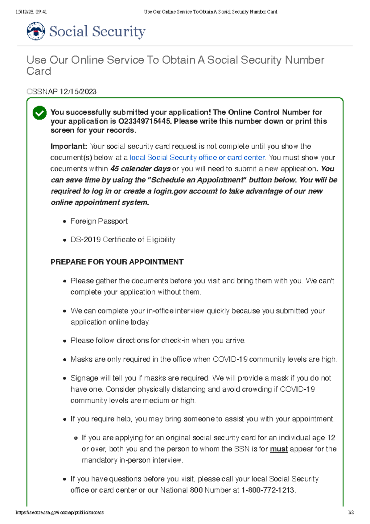 To Obtain A Social Security Number Card - ssa/ossnap/public/success 1 ...