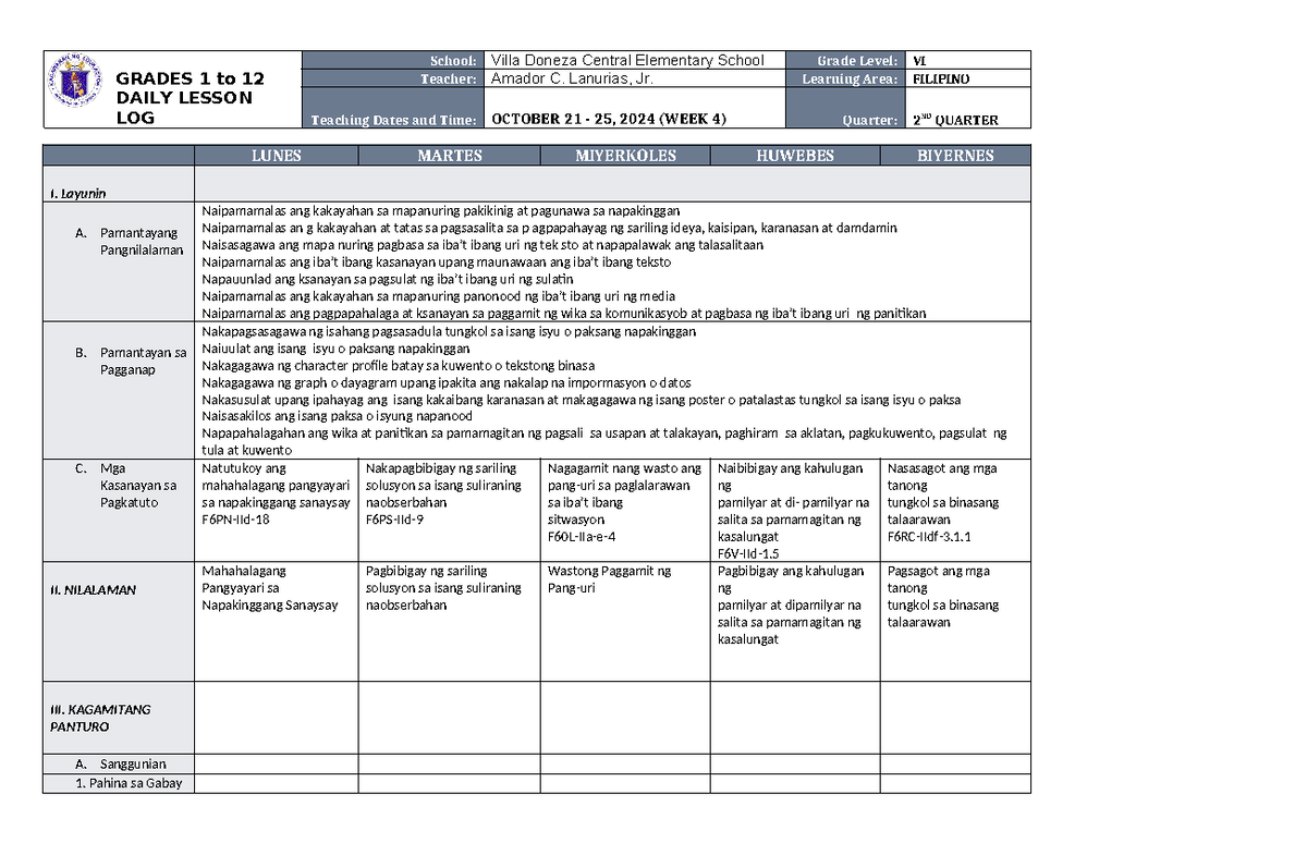 DLL Filipino 6 Q2 W4 - GRADES 1 to 12 DAILY LESSON LOG School: Villa ...