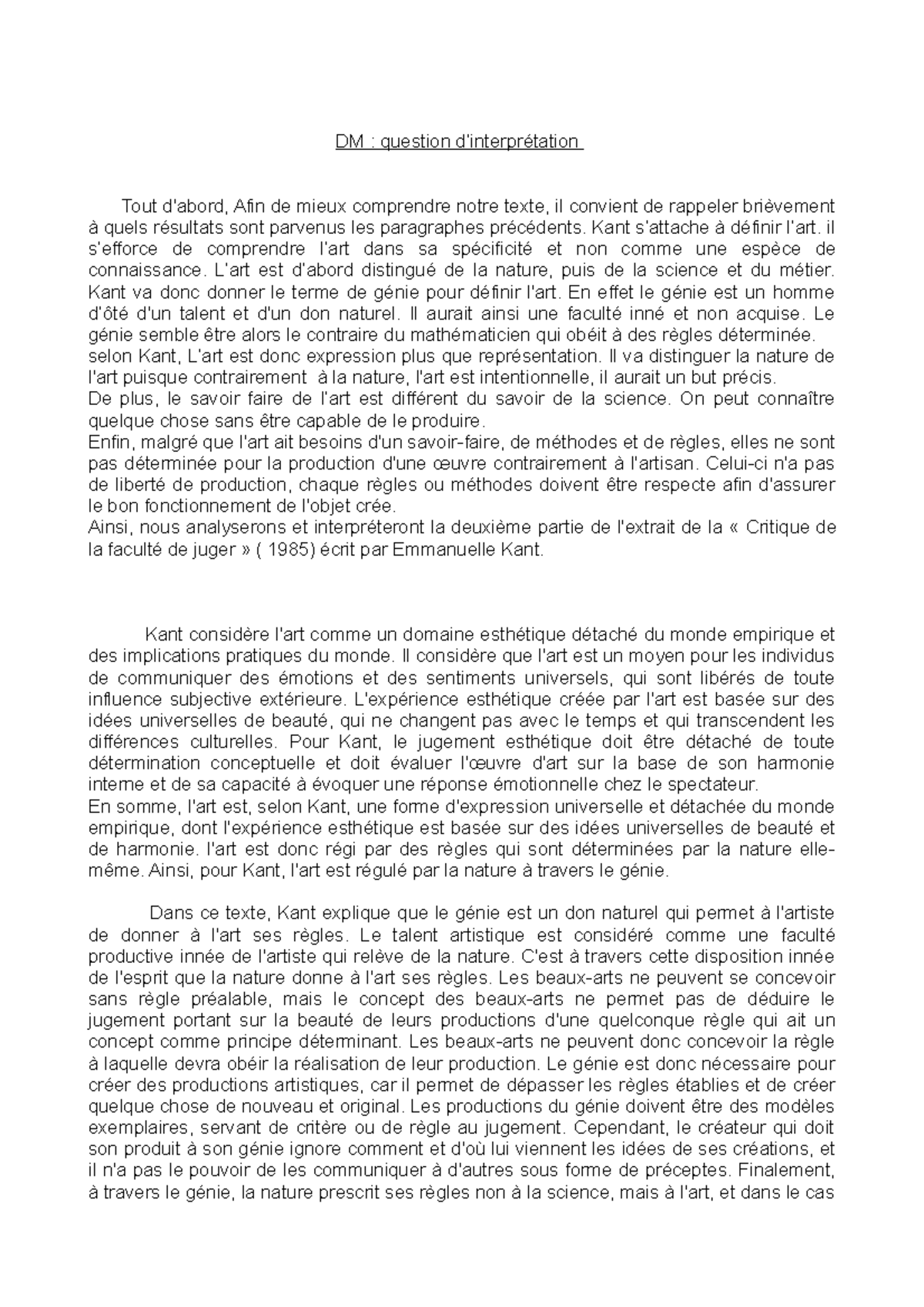 Dm philo n3 - « Critique de la faculté de juger » ( 1985) écrit par ...
