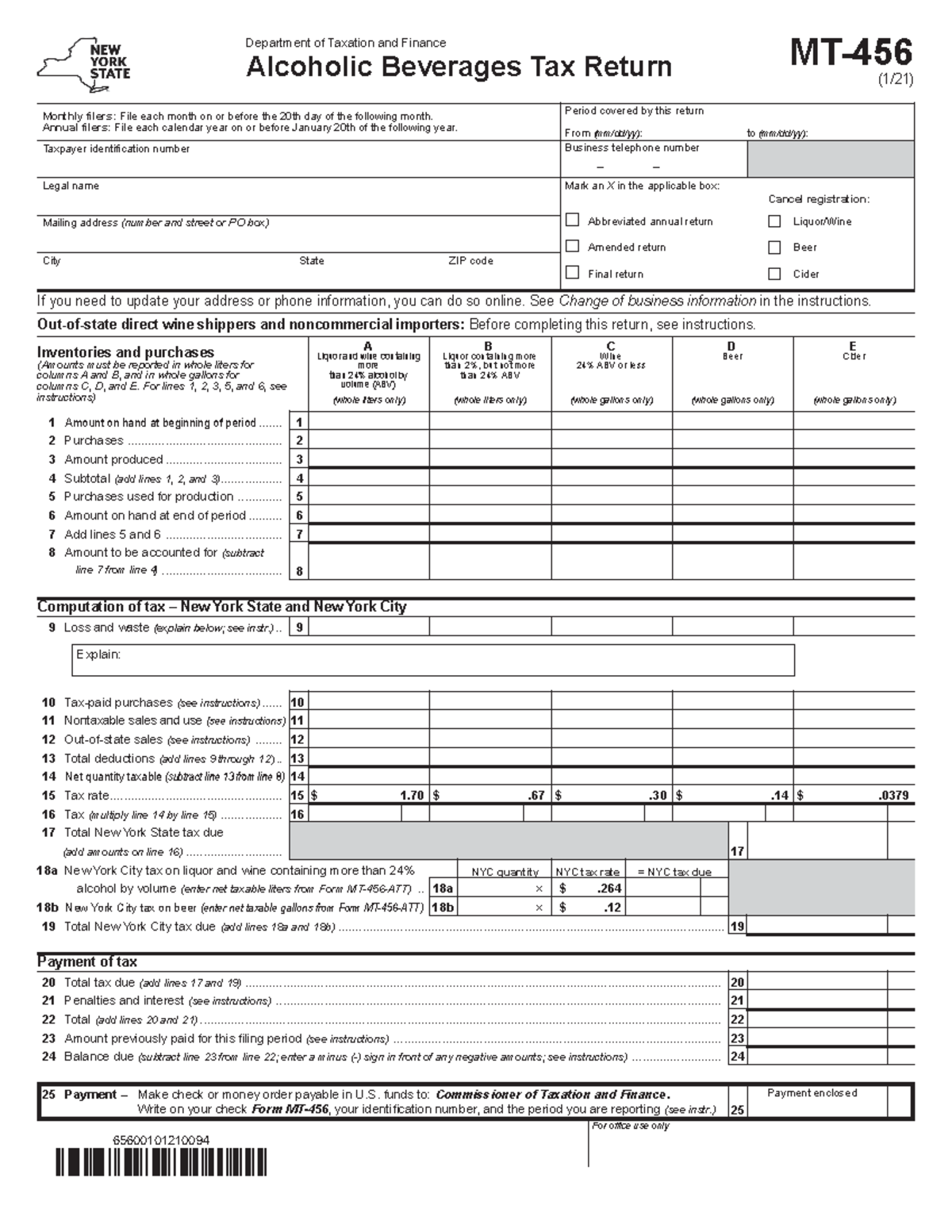 Mt456 fill in - Mt form - Department of Taxation and Finance Alcoholic ...