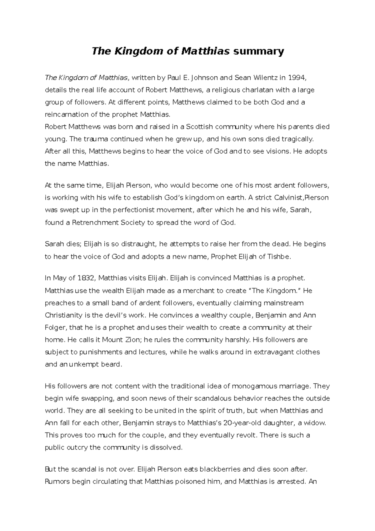 The Kingdom of Matthias summary - Johnson and Sean Wilentz in 1994 ...