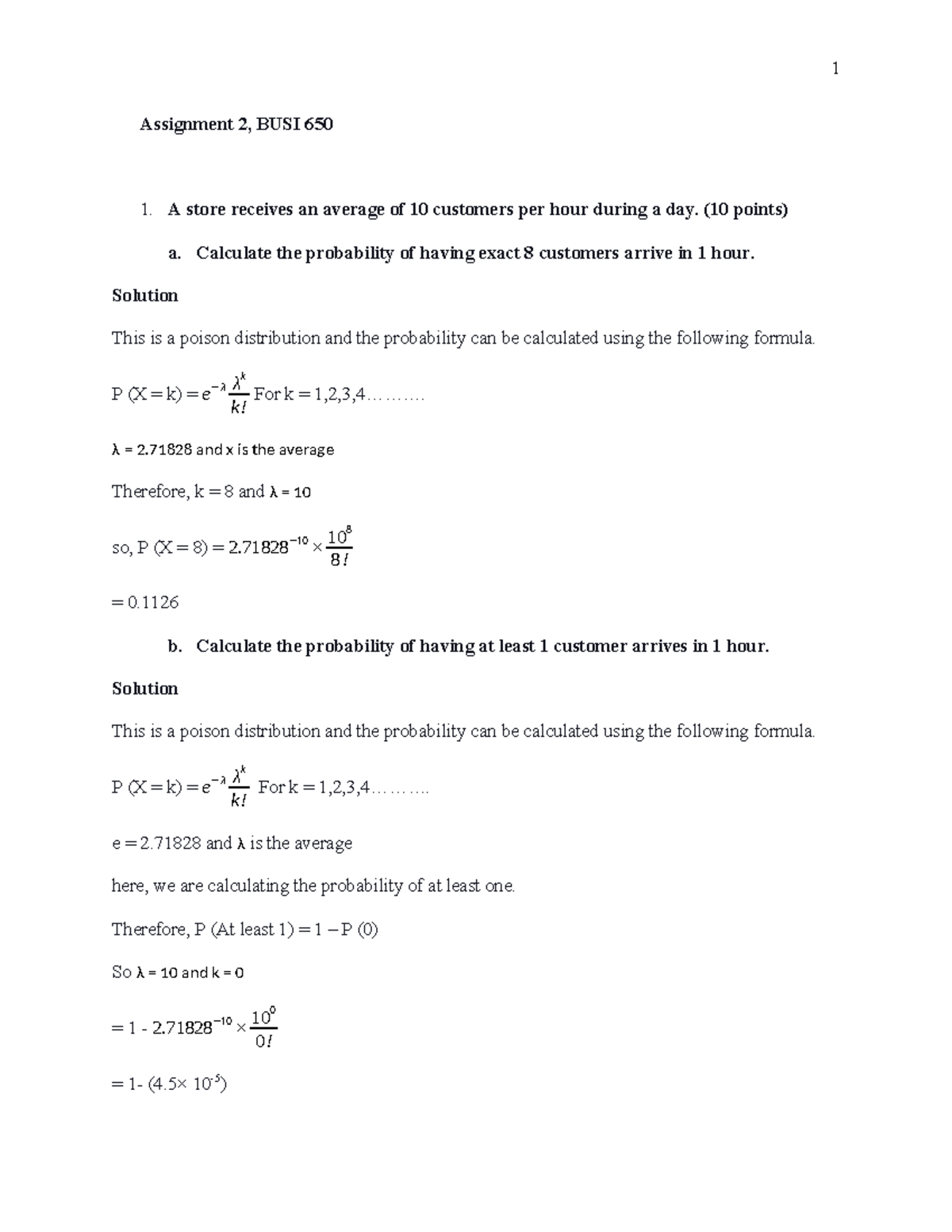 Assignment 2, BUSI 650 - Assignment 2, BUSI 650 1. A store receives an ...