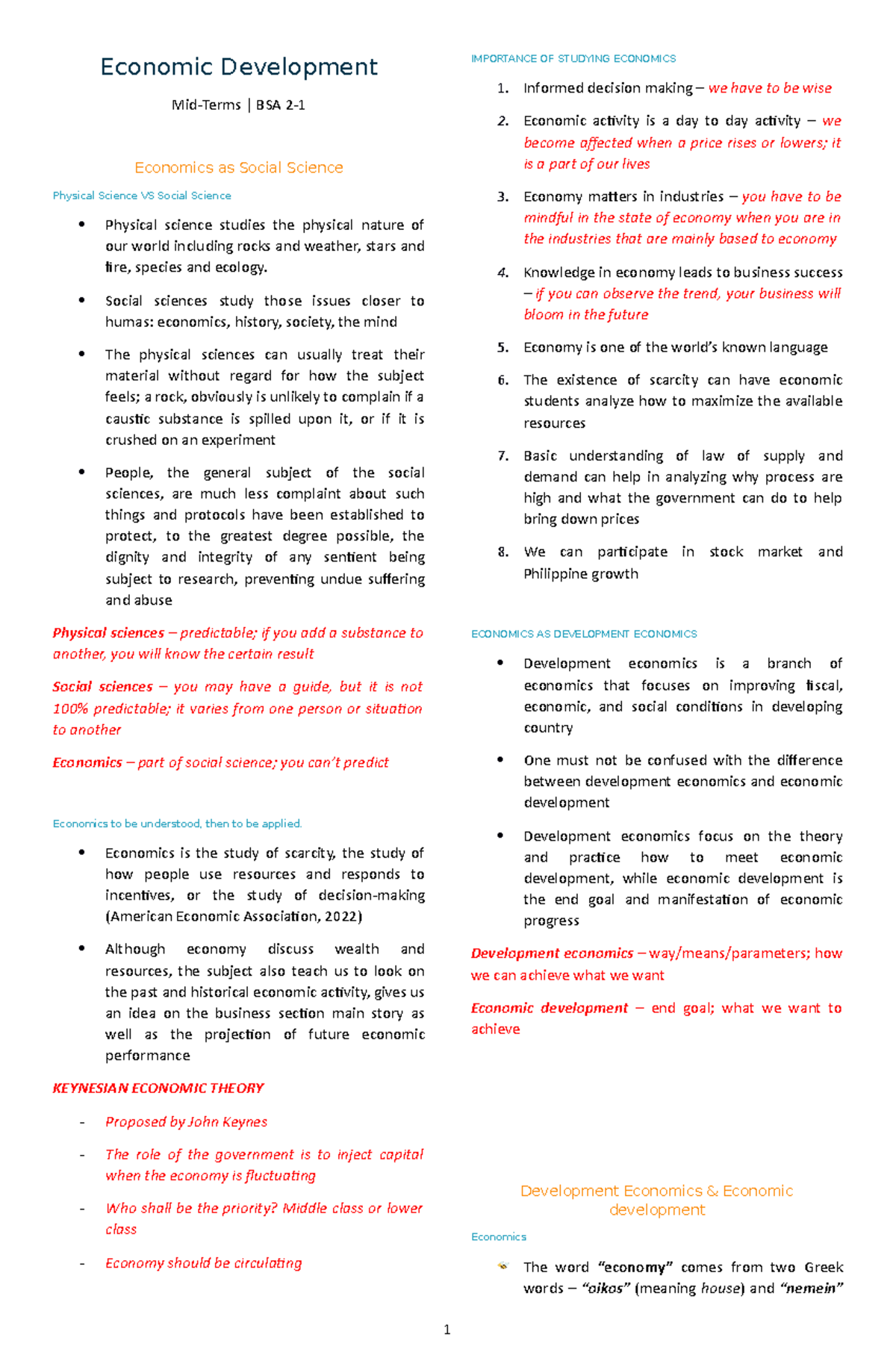Econ Dev Mid Terms Reviewer - Economic Development Mid-Terms | BSA 2- Economics as Social ...