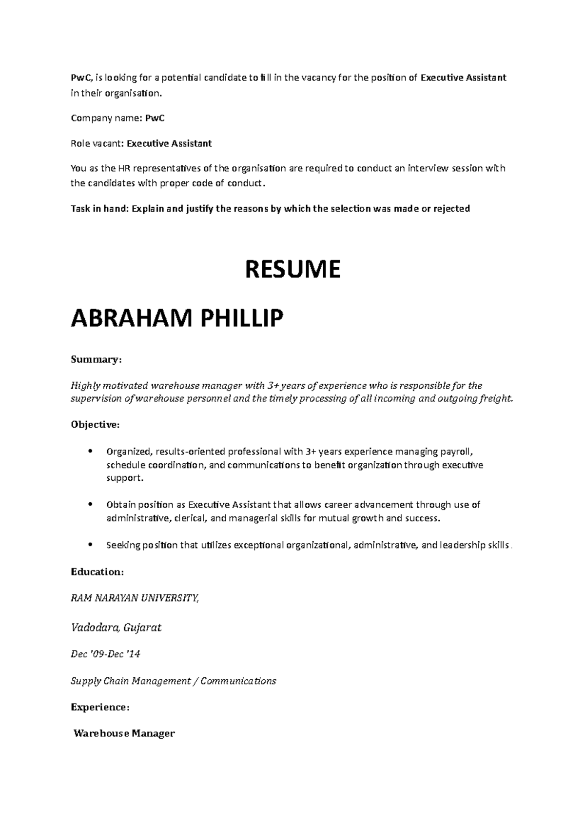 Executive assistant - a resume created for interview round - PwC, is ...