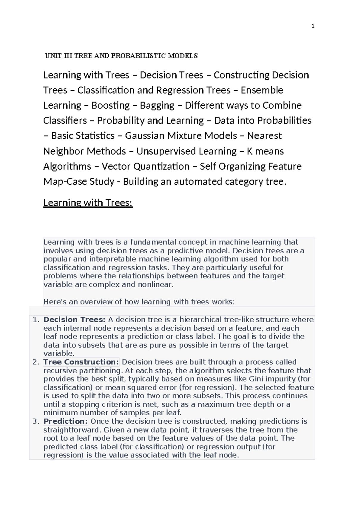 Unit 3 - To have a thorough understanding of the Supervised and Unsupervised learning - UNIT III ...