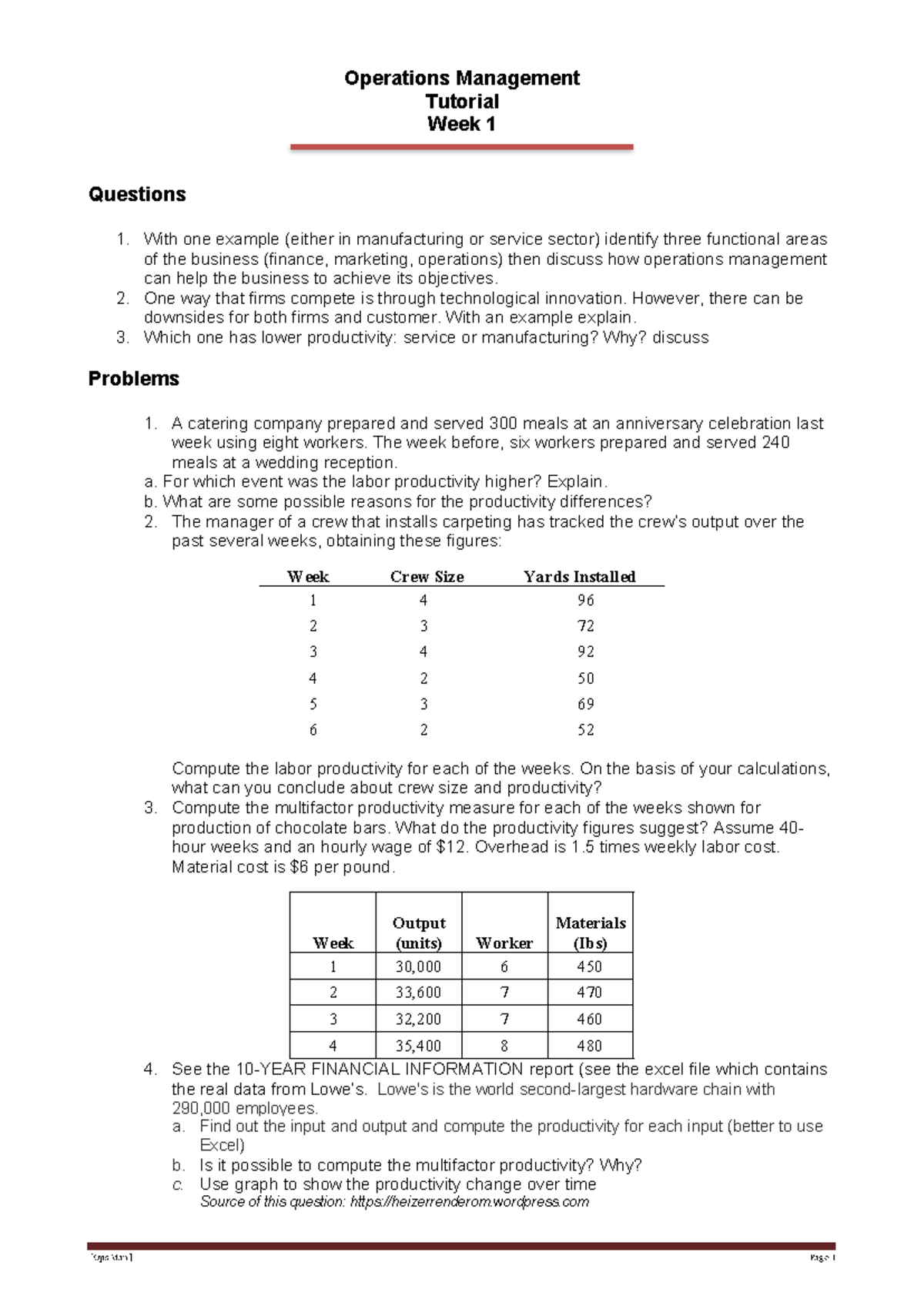 1.1 Operations Management W1 v1 Exercise - Operations Management Tutorial Week 1 Questions 1 ...
