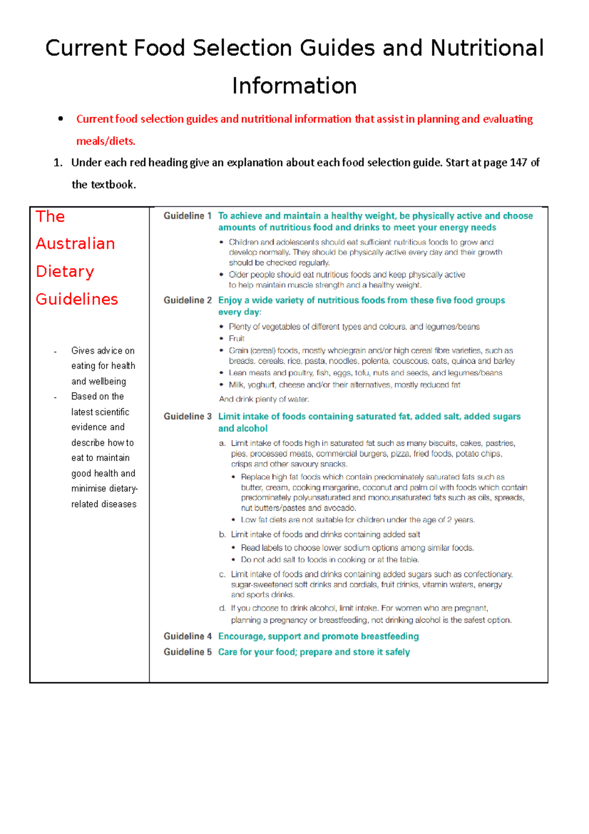 Current food selection guides and nutritional information worksheet - 1 ...