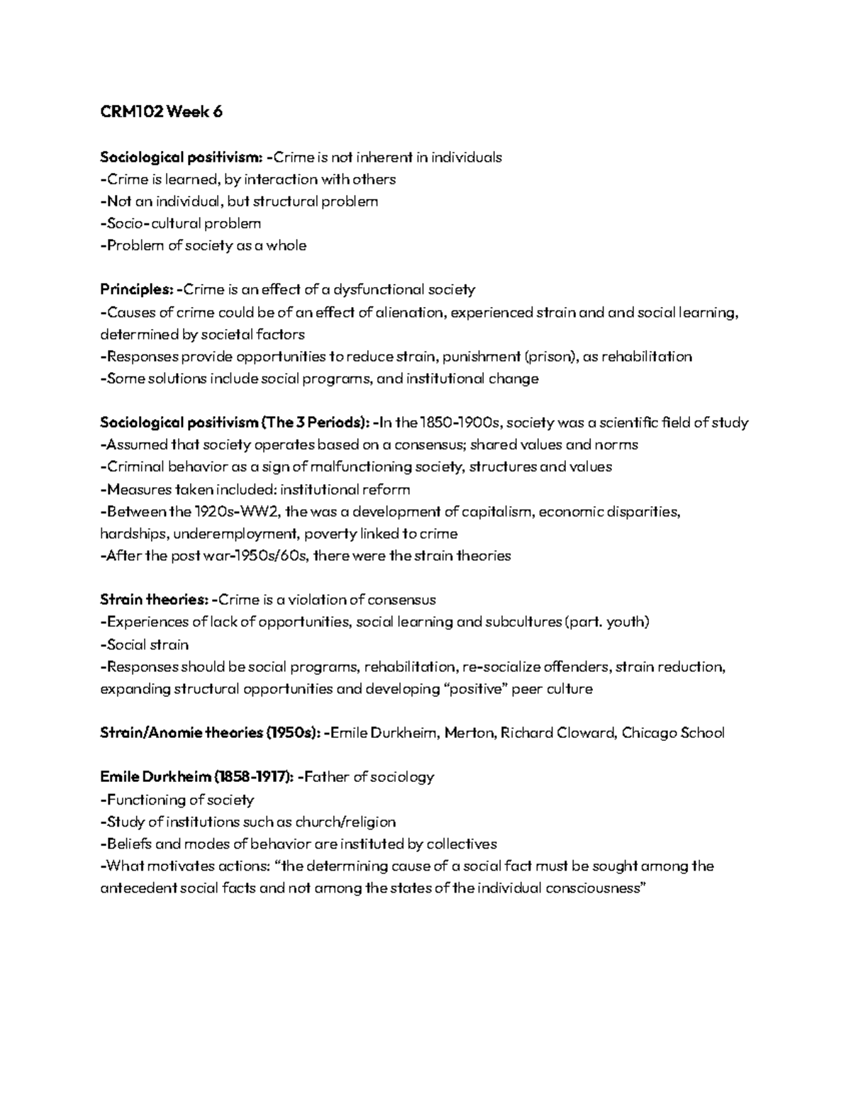 CRM102 Week 6 Lecture - CRM102 Week 6 Sociological positivism: -Crime ...