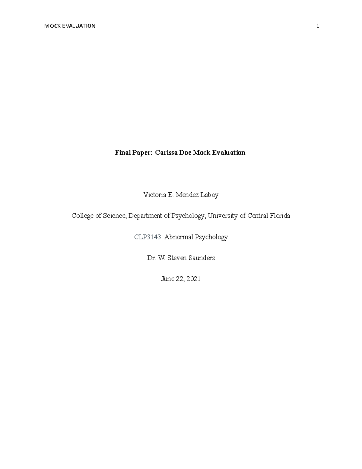 Final paper Carissa Doe Psyc Evaluation - Final Paper: Carissa Doe Mock ...