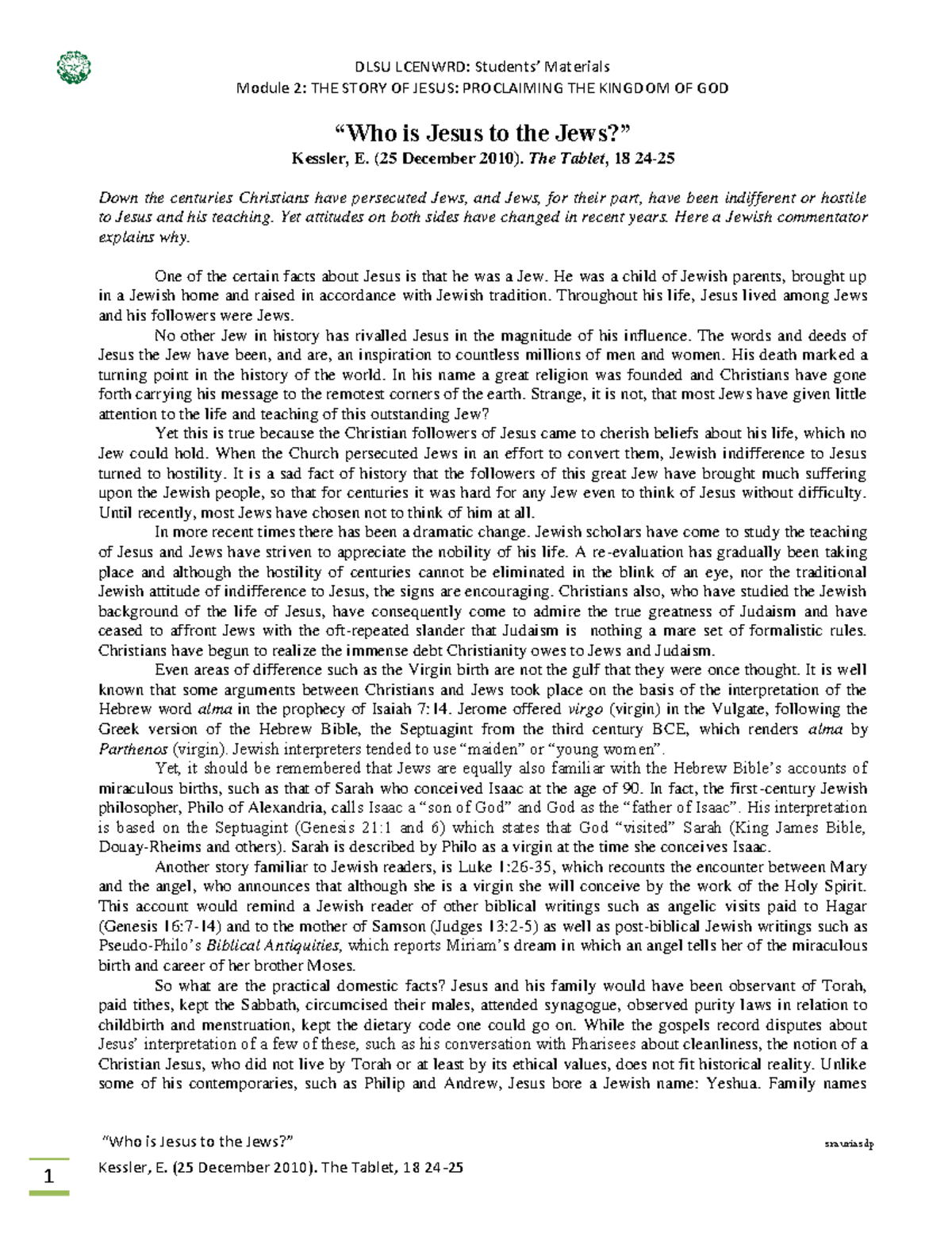 Reading 1 Jesus to the Jews - DLSU LCENWRD: Students’ Materials Module ...