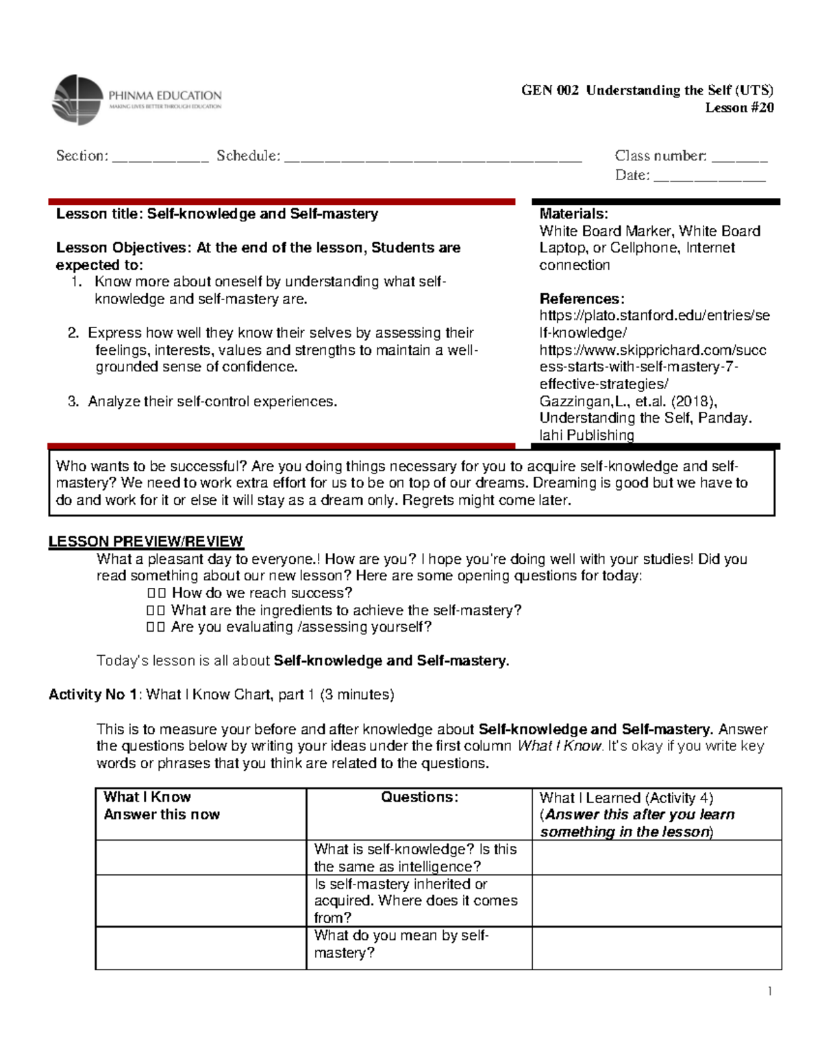 GEN 002 MODULE 20 - Lesson # Section: ____________ Schedule