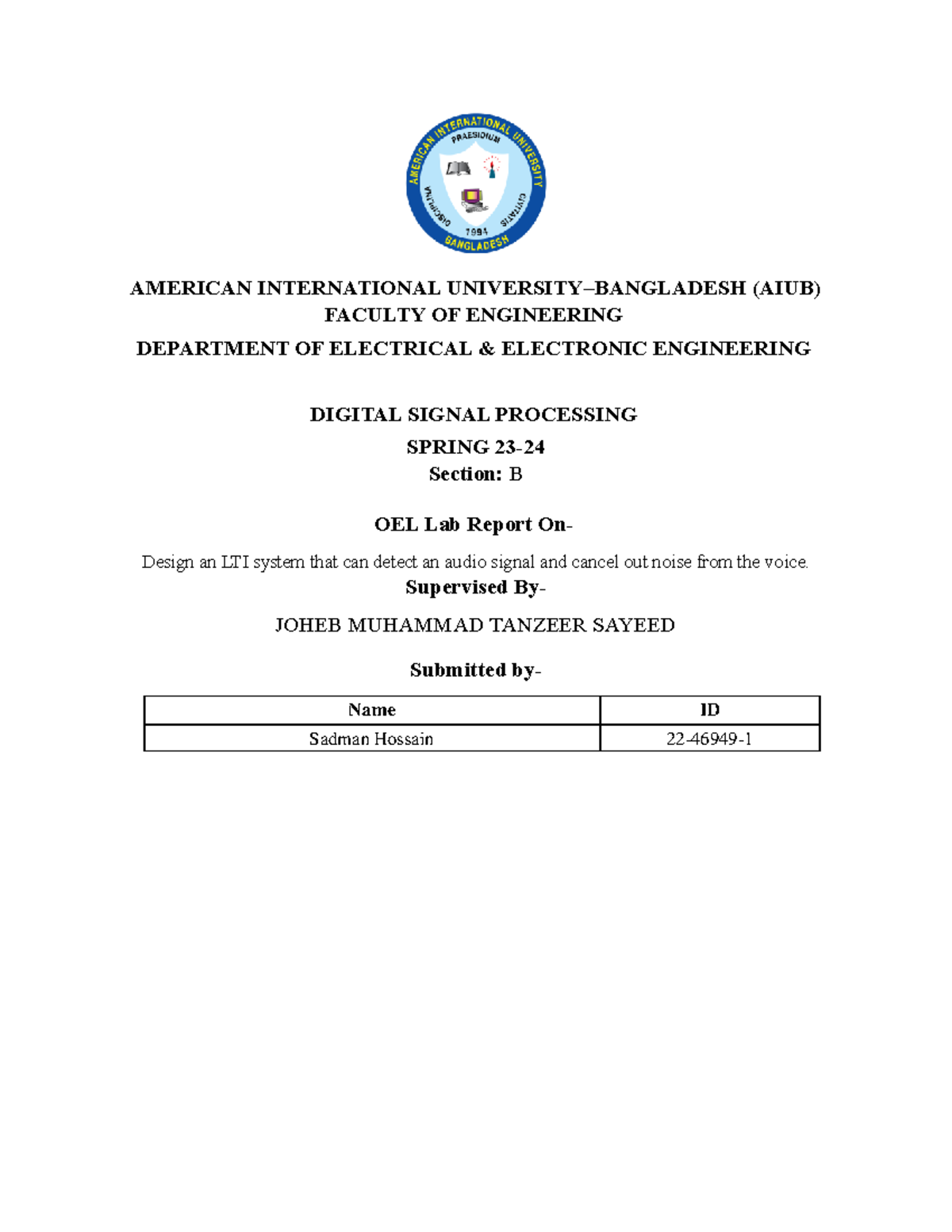 DSP[B] OEL Report Sadman Hossain 22 46949 1 - AMERICAN INTERNATIONAL ...