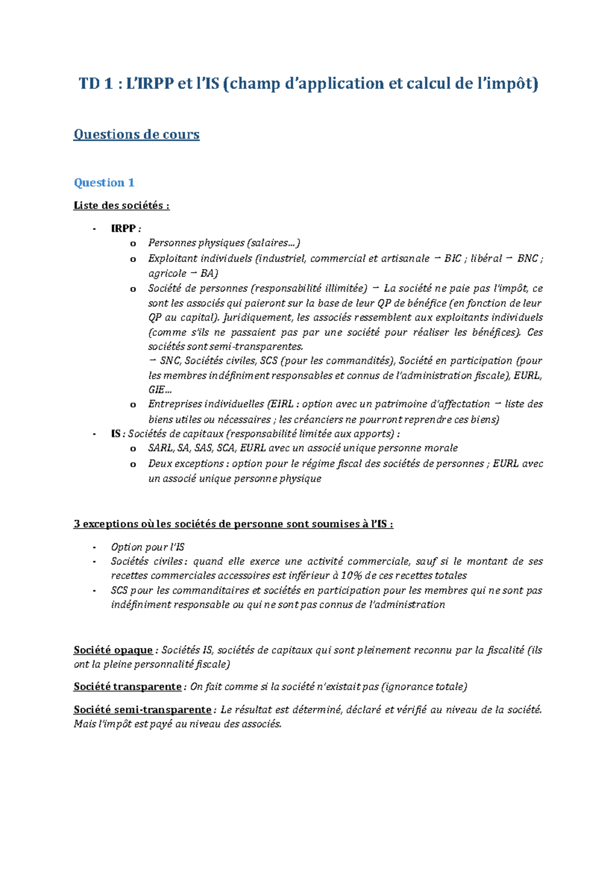Calcul et champ d'application des impìts - TD 1 : L’IRPP et l’IS (champ ...