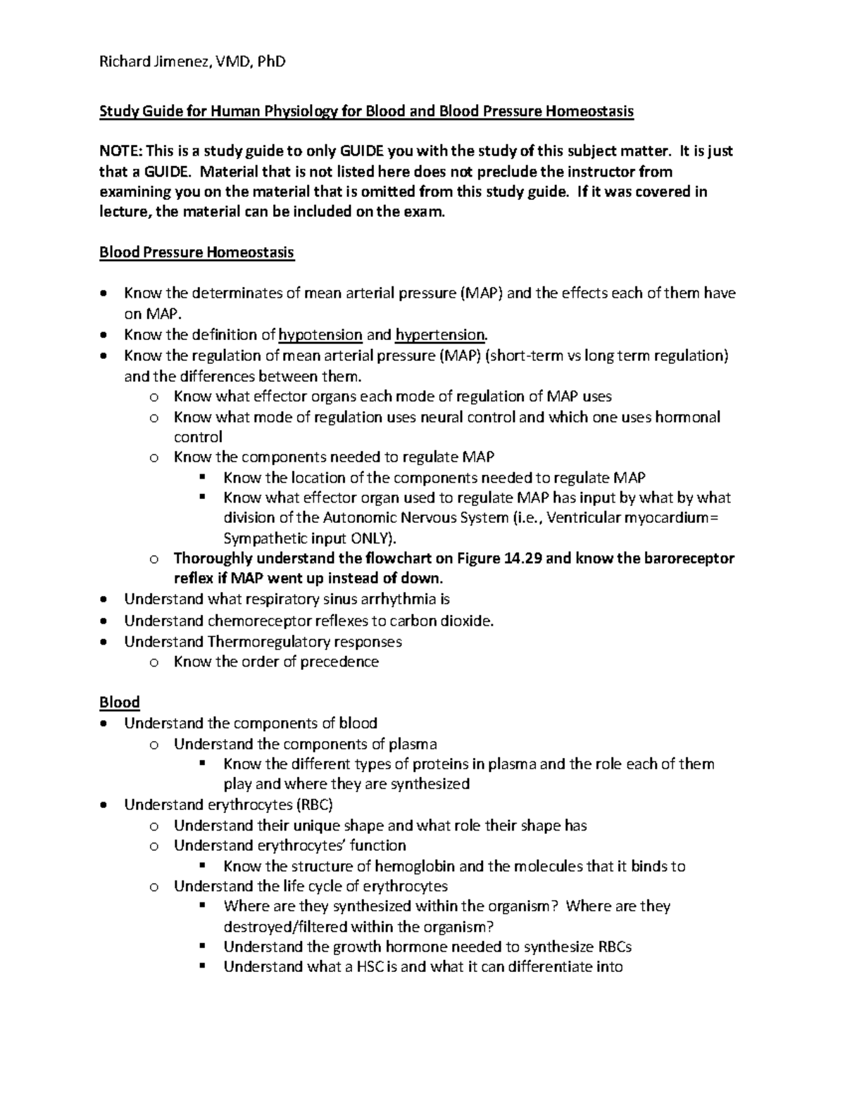 Study Guide for Human Physiology Blood Pressure Homeostasis and Blood ...