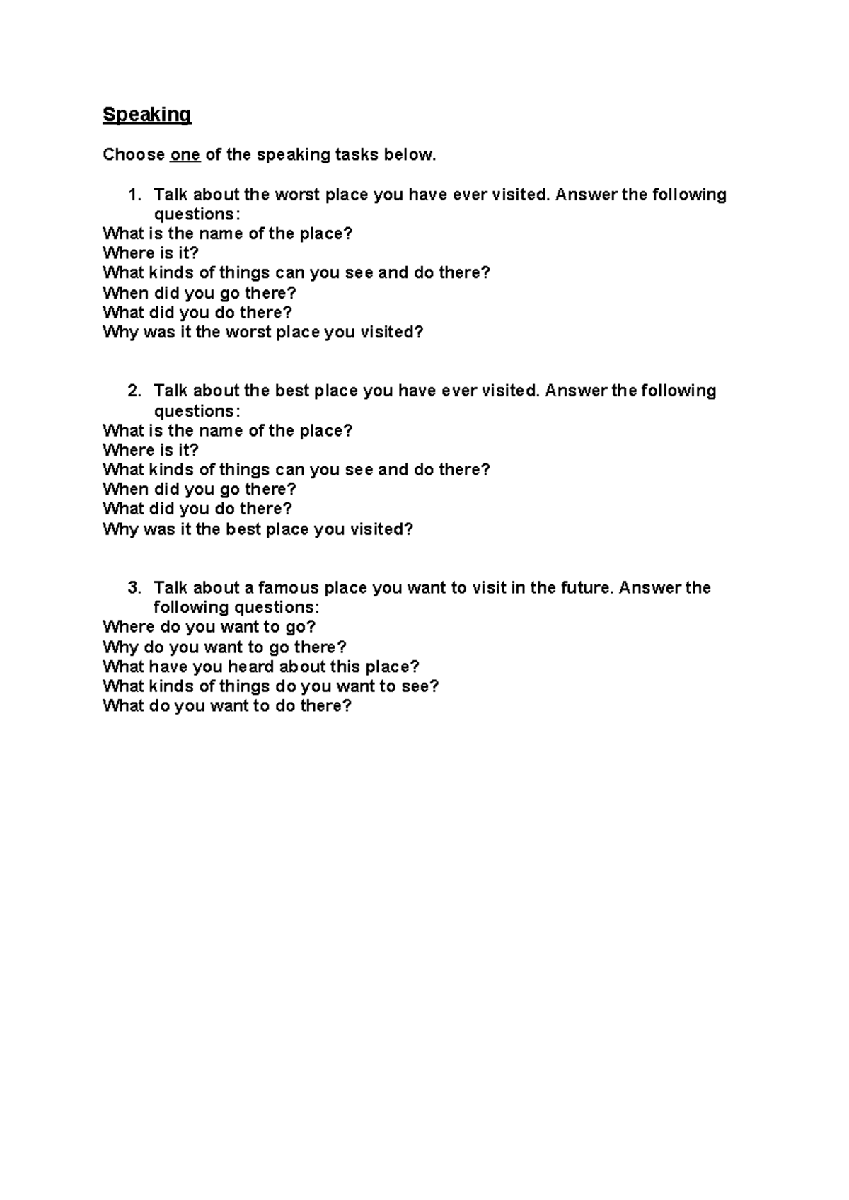 Final EXAM Speaking EXAM HB1 Units 3-4 - Speaking Choose one of the ...