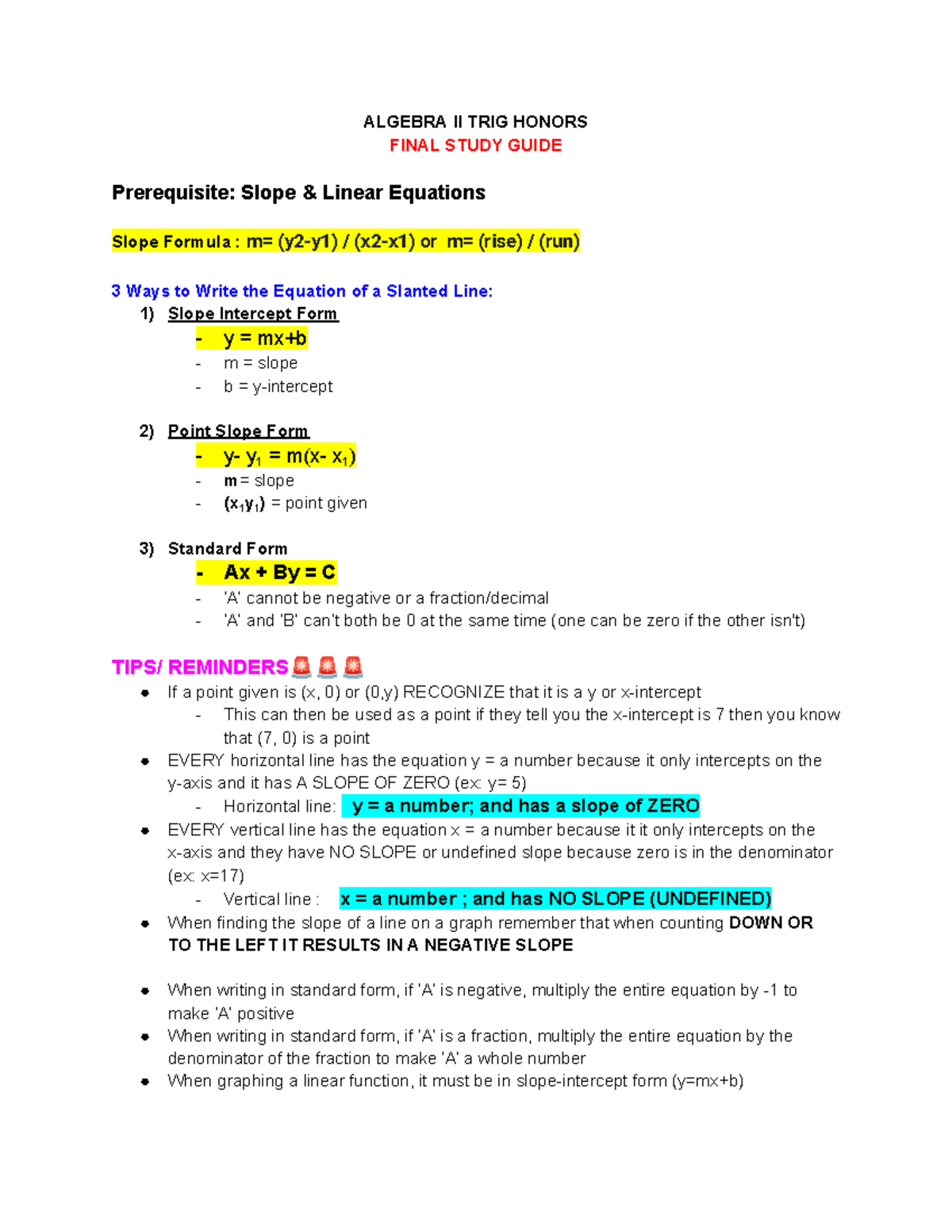 Algebra II Math Study Guide Notes - ALGEBRA II TRIG HONORS FINAL STUDY ...