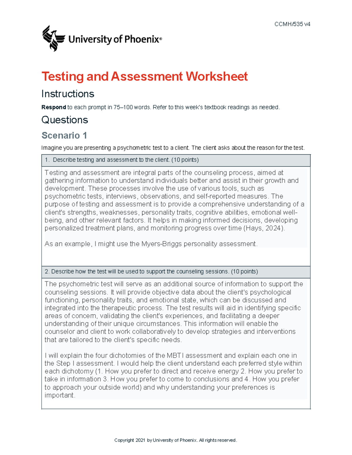 Franckowiak ccmh535 v4 wk1 testing and assessment worksheet - CCMH/535 ...