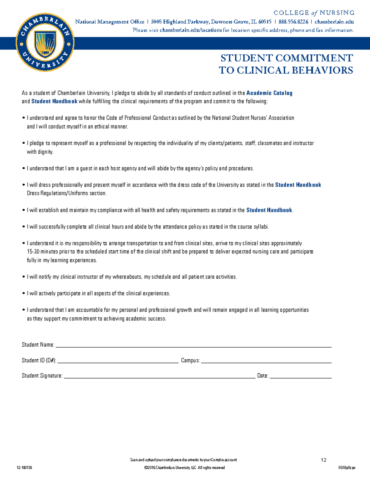 Student Commitment to Clinical Behaviors - 12-180138 ©2018 Chamberlain ...