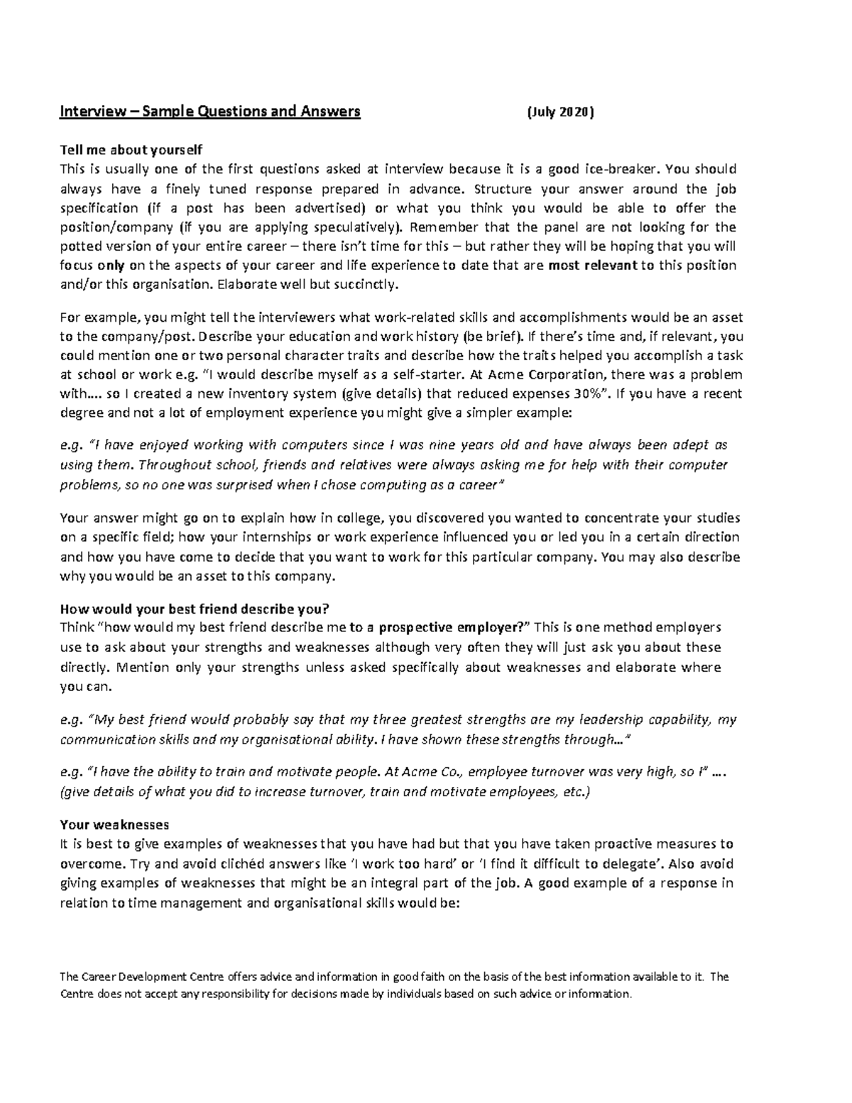 Interview sample questions and answers - The Career Development Centre ...