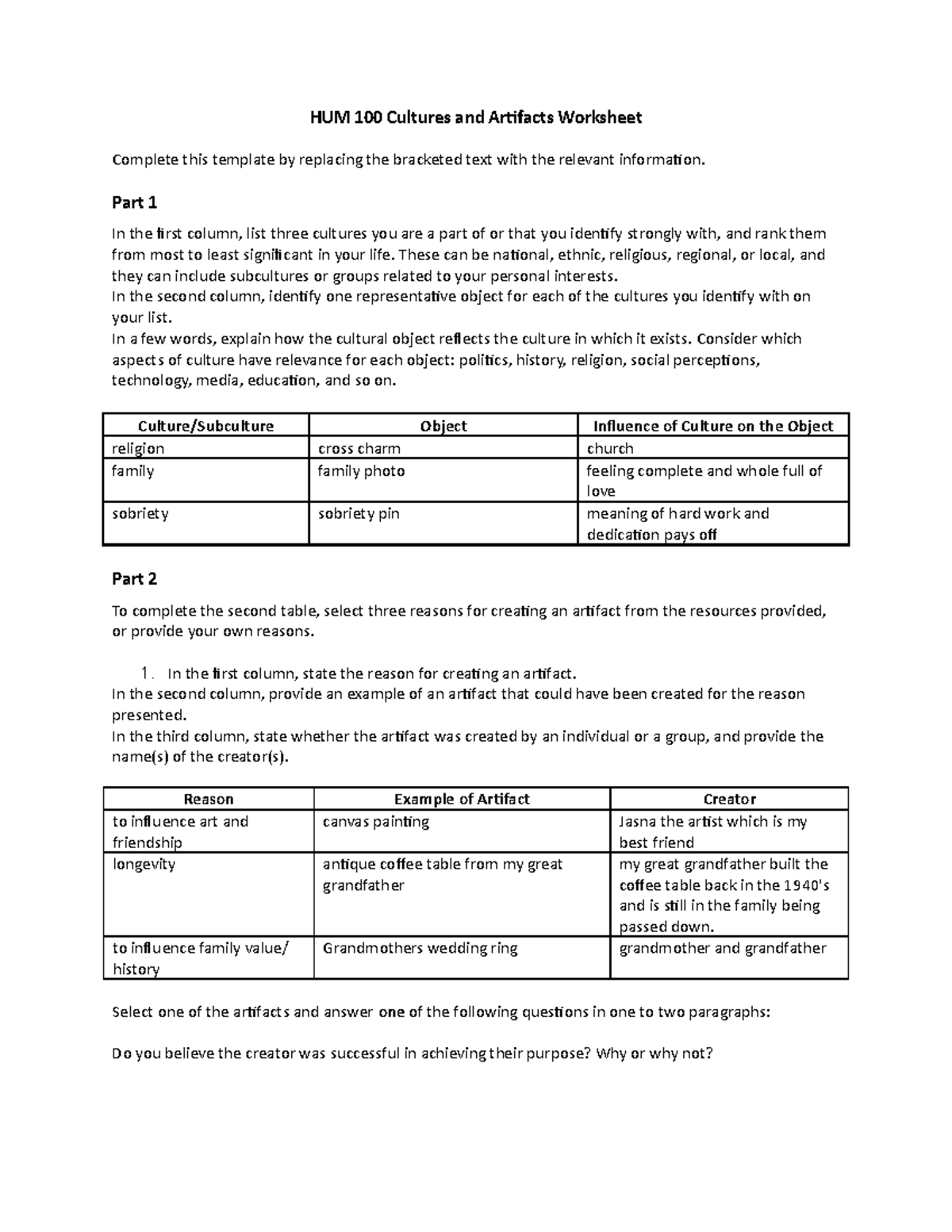 HUM 100 Cultures and Artifacts Worksheet - HUM 100 Cultures and ...