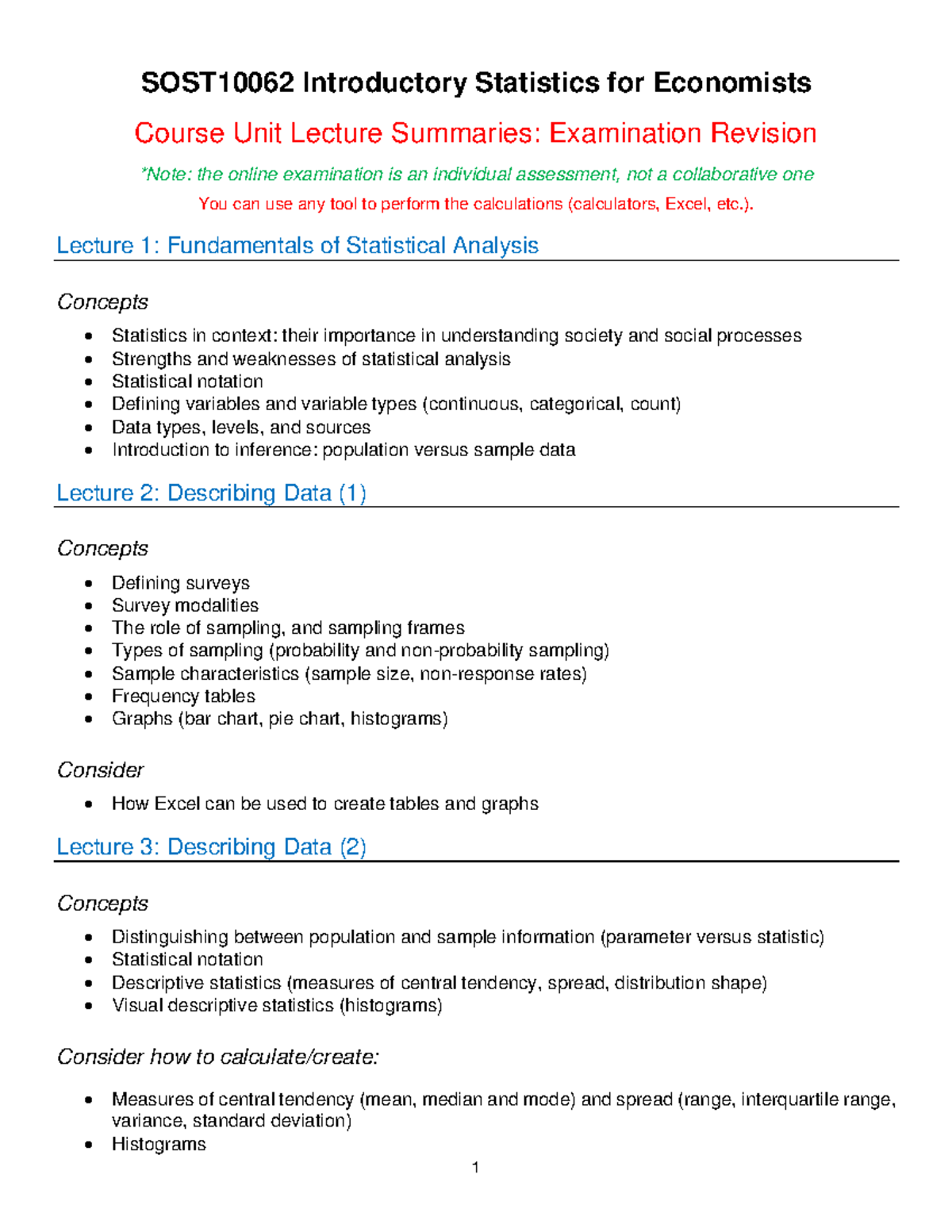 Summary of Course Unit Lectures - SOST10062 Introductory Statistics for ...
