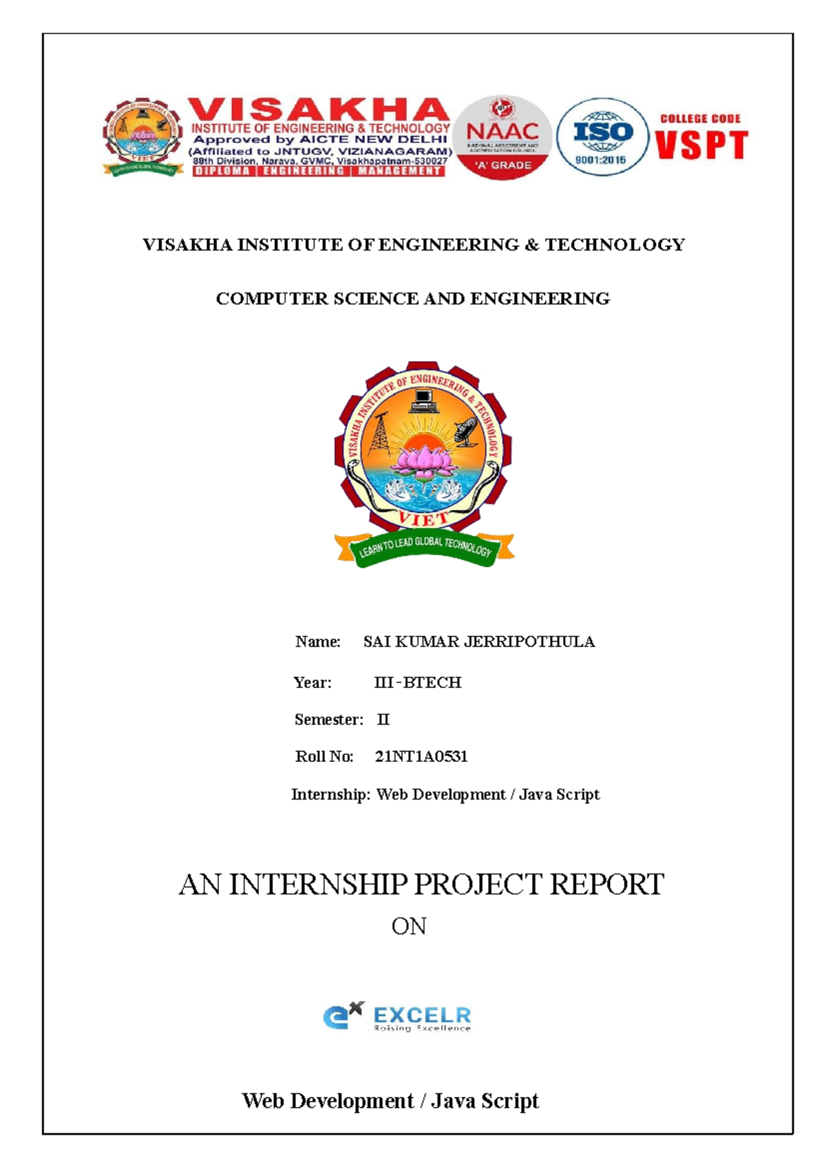 SAI FULL Stack JAVA Internship Report - VISAKHA INSTITUTE OF ...