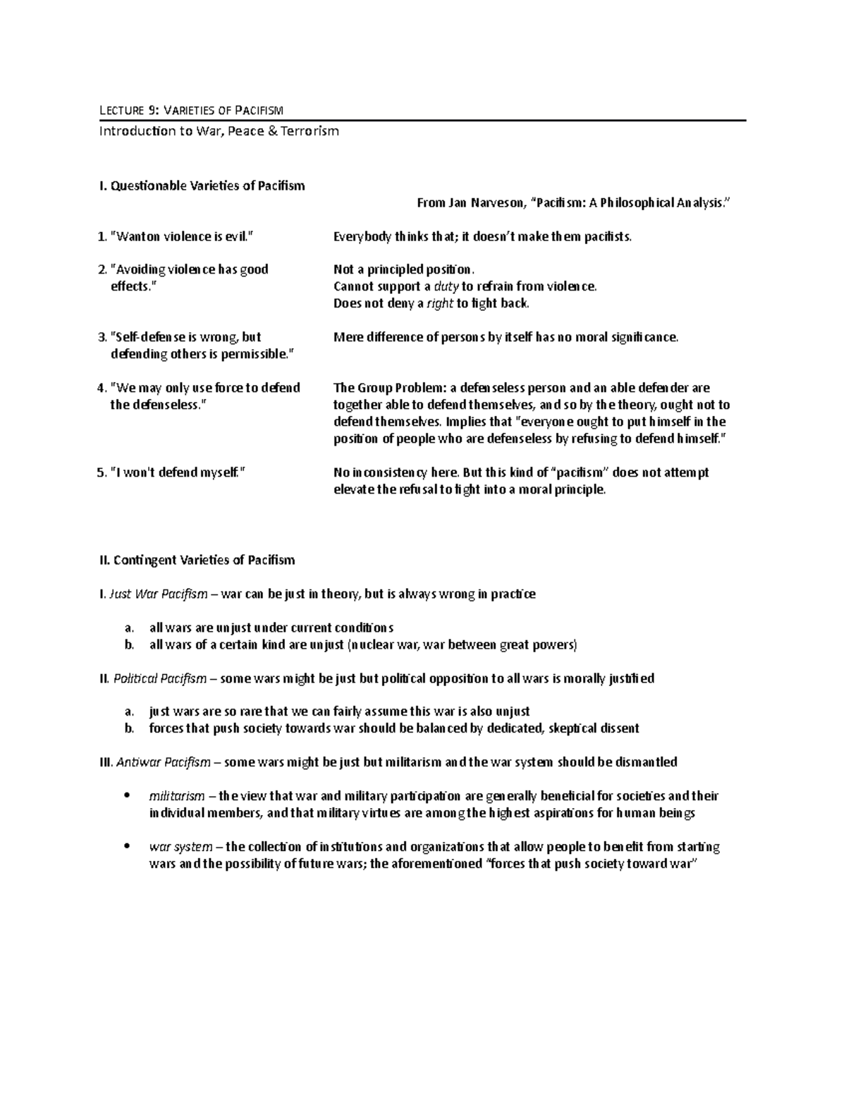 Lecture 9 - Varieties of Pacifism - LECTURE 9: VARIETIES OF PACIFISM ...