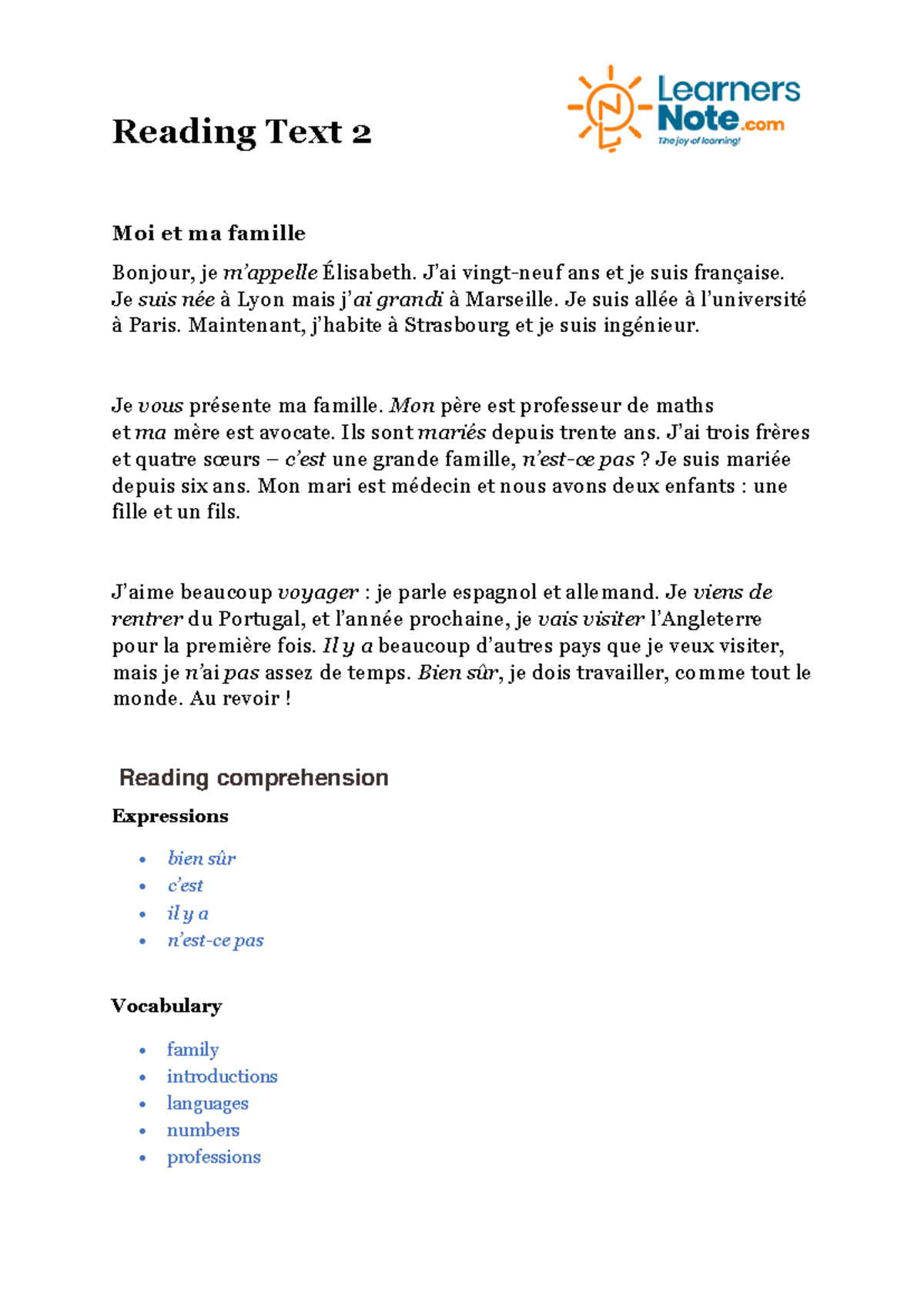 Reading 2 - Reading Text 2 Moi et ma famille Bonjour, je m’appelle ...