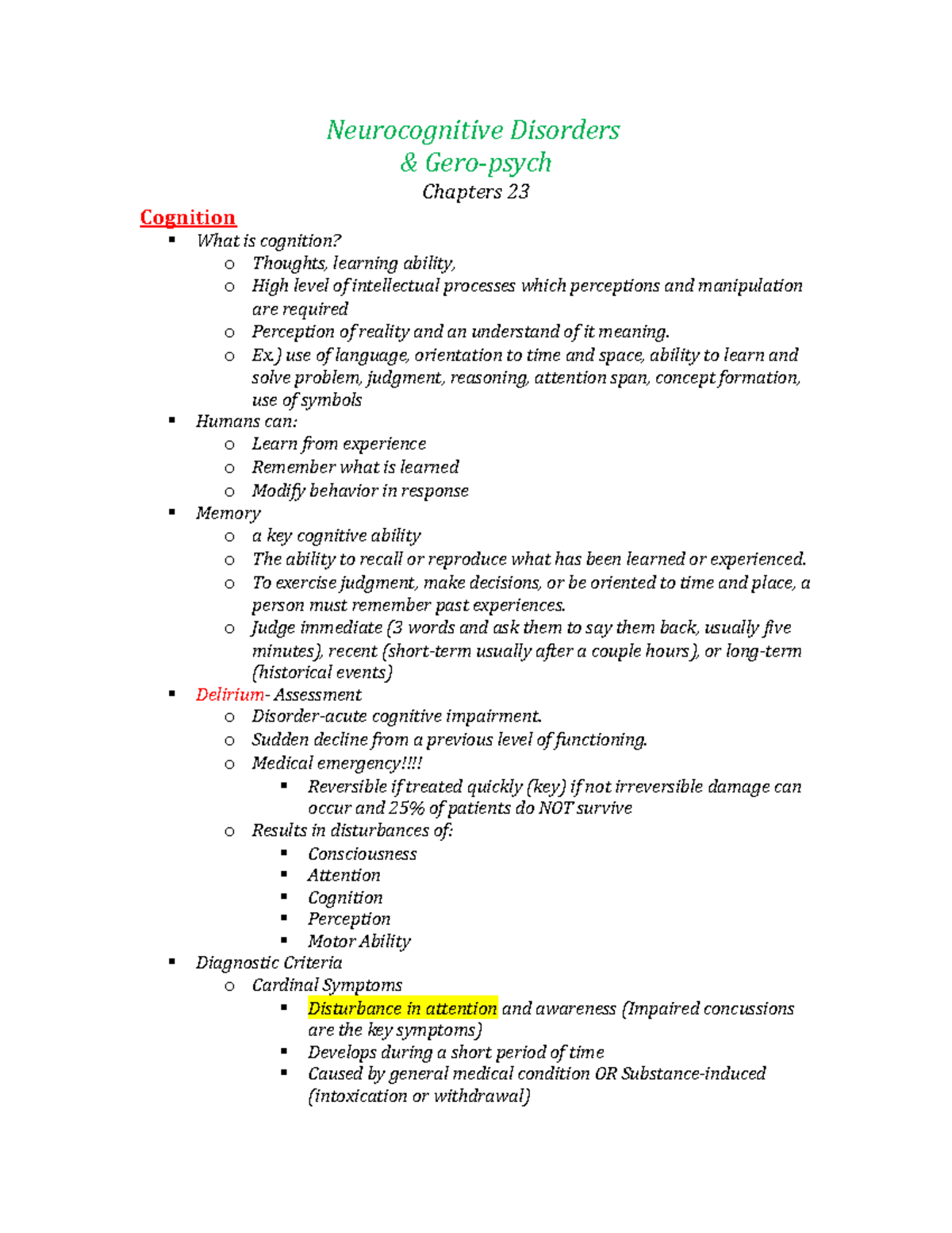 Neurocognitive Disorders Notes - Neurocognitive Disorders & Gero-psych ...