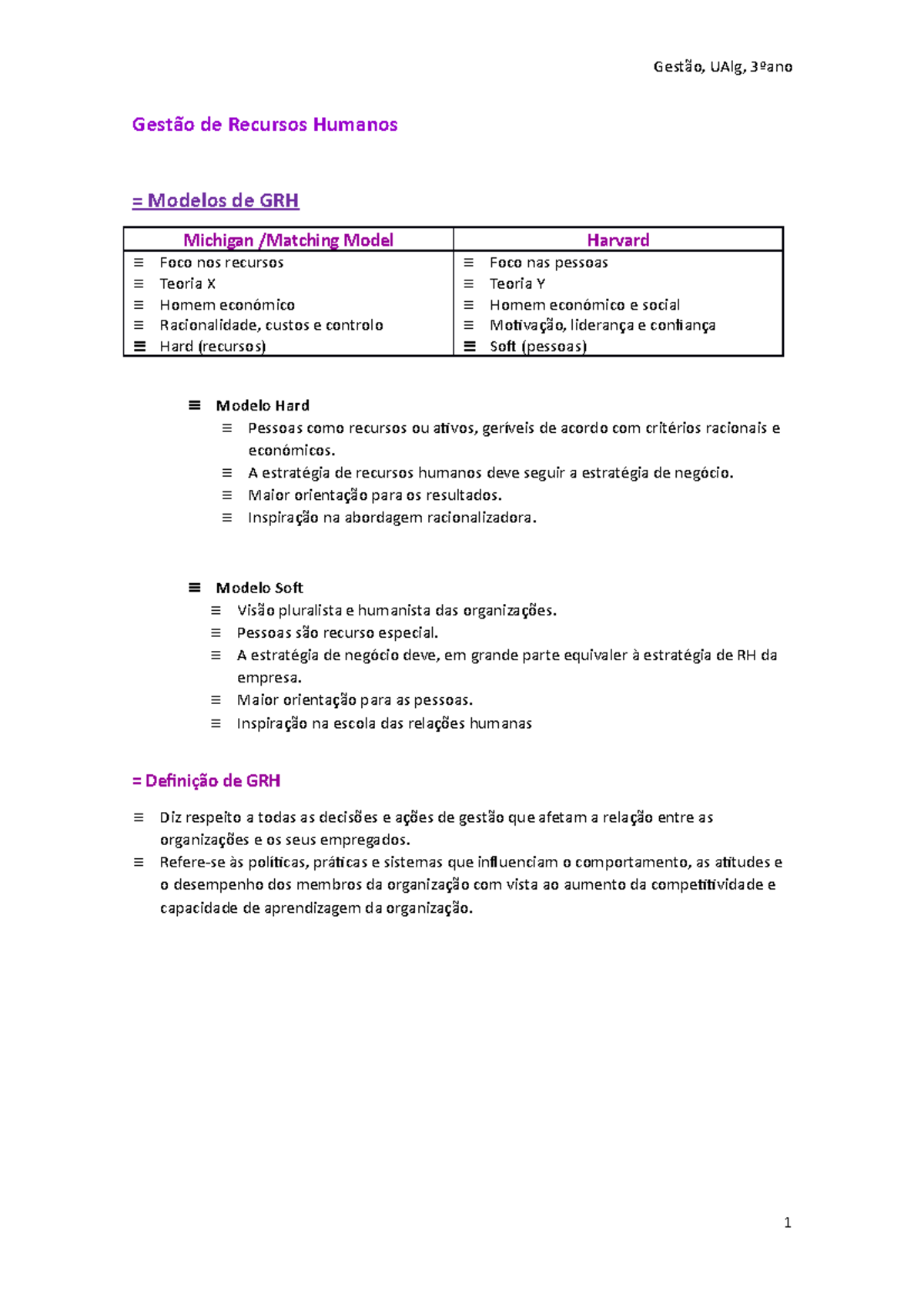 Resumos GRH - GRH - Gestão de Recursos Humanos = Modelos de GRH Michigan /Matching Model Harvard ...
