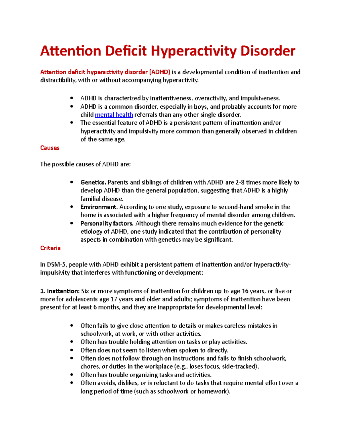 Attention Deficit Hyperactivity Disorder - Attention Deficit ...