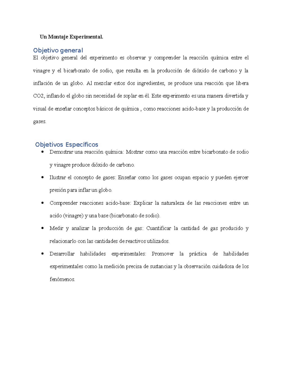 Un Montaje Experimental - Objetivo general El objetivo general del ...