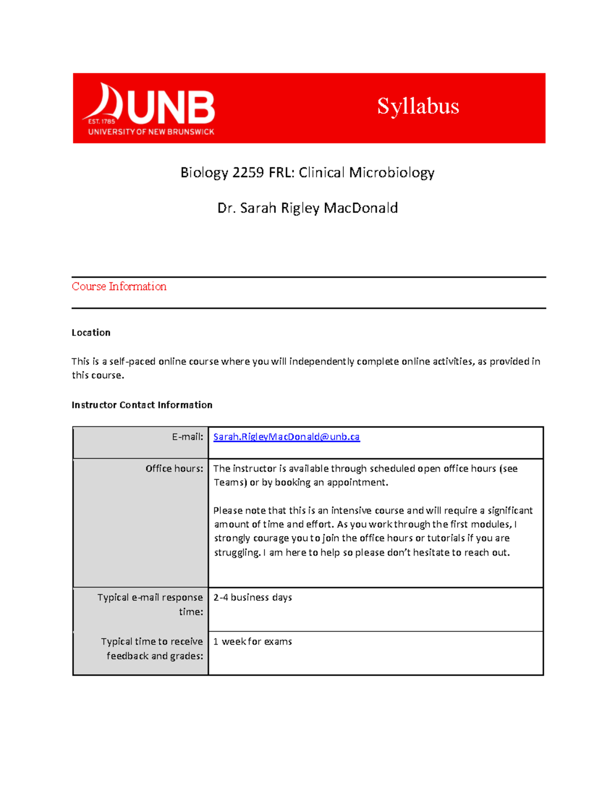 Biol 2259 syllabus - Biology 2259 FRL: Clinical Microbiology Dr. Sarah ...