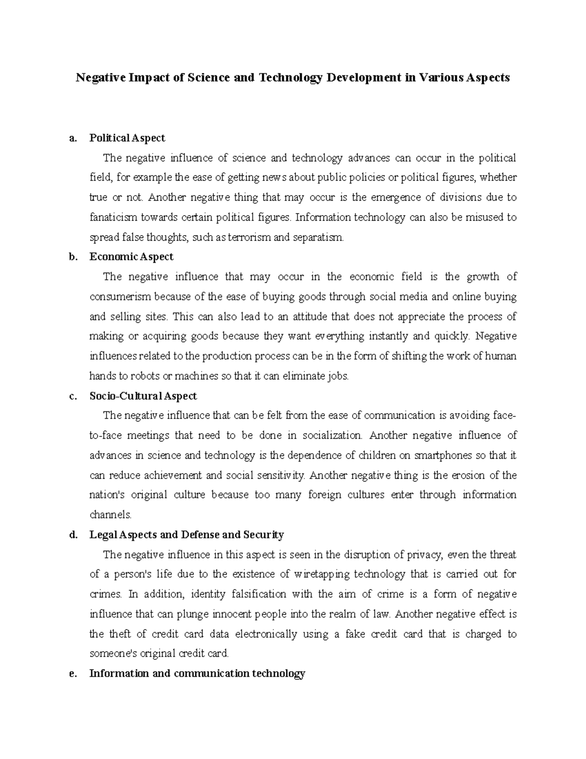 Negative Impact of Science and Technology Development in Various ...
