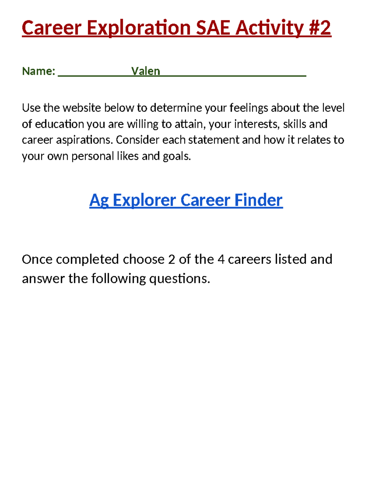 Copy of Career Exploration SAE Activity 2 - Career Exploration SAE ...