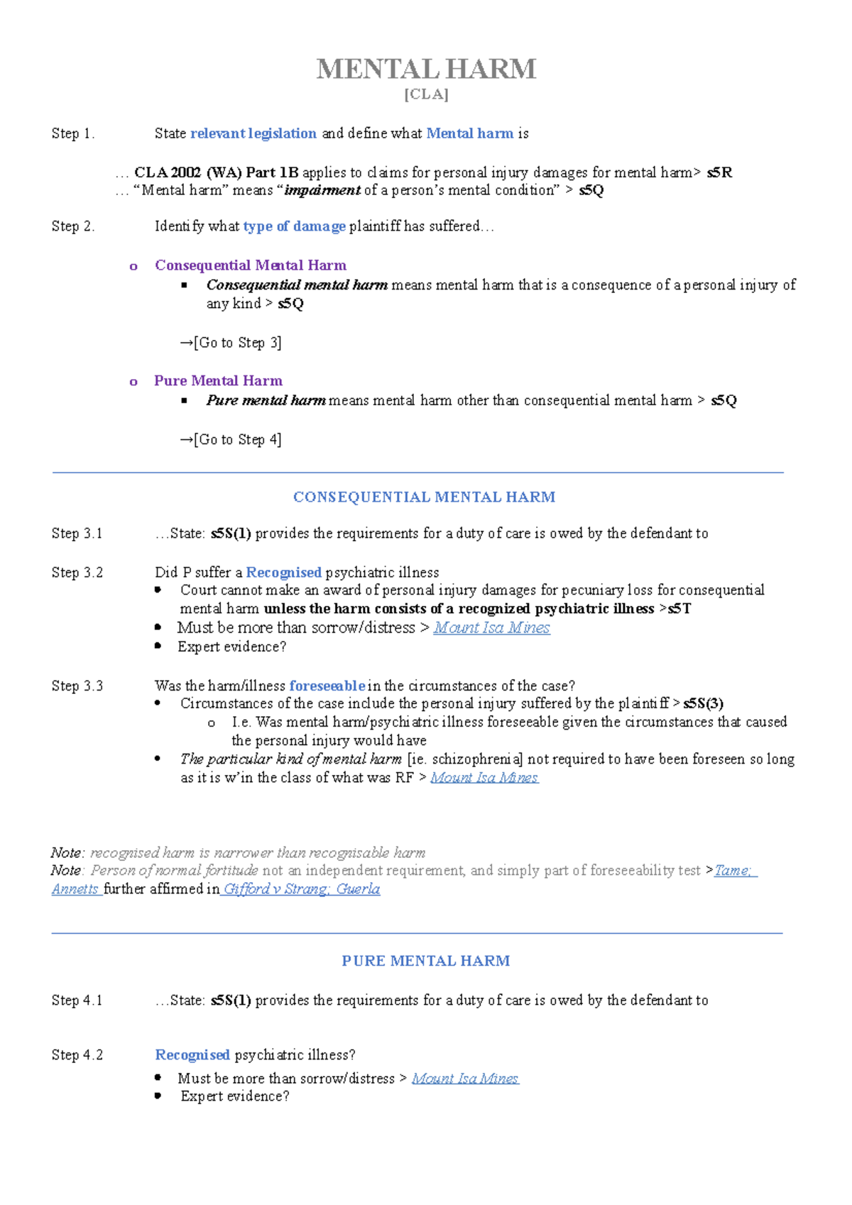 Mental HARM Notes - MENTAL HARM [CLA] Step 1. State relevant ...