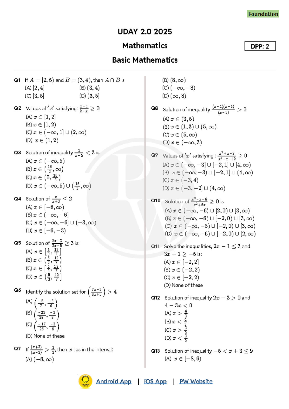 Basic Mathematics DPP 02 Uday 2.0 2025 - Q1 If and , then is (A) (B) (C) (D) Q2 Values of - Studocu