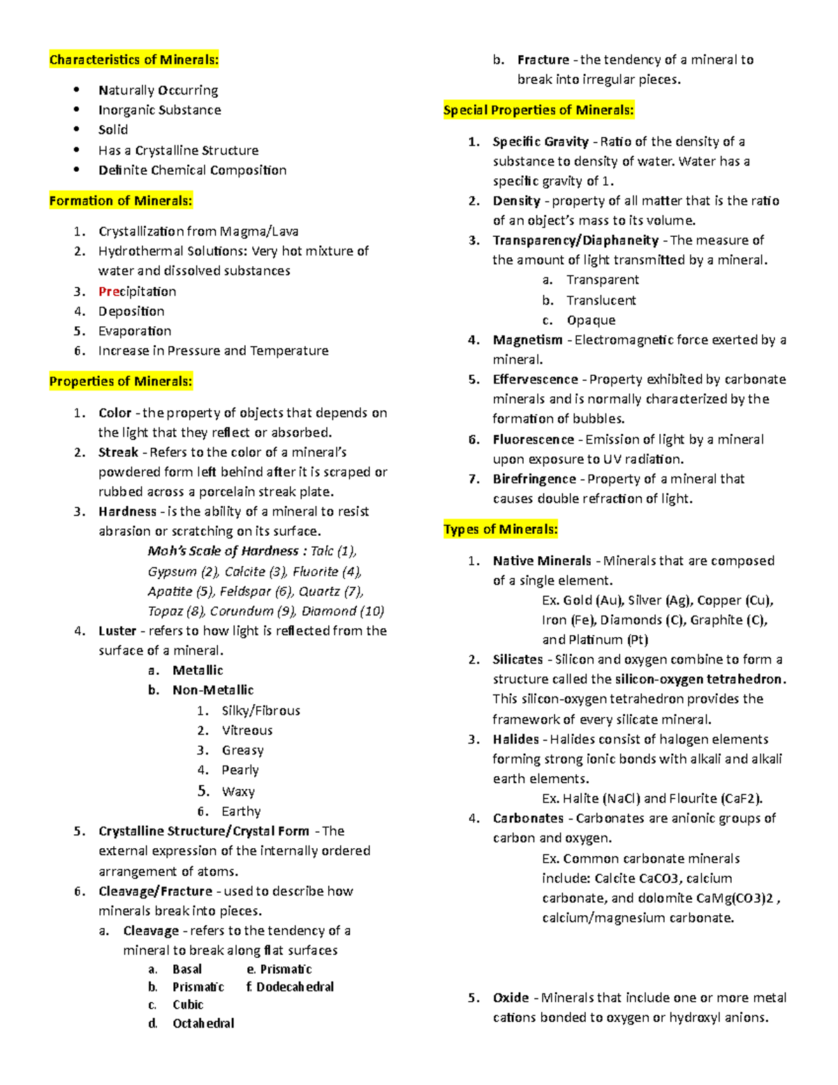 Notes on Minerals (Earth Science) - Characteristics of Minerals: N ...